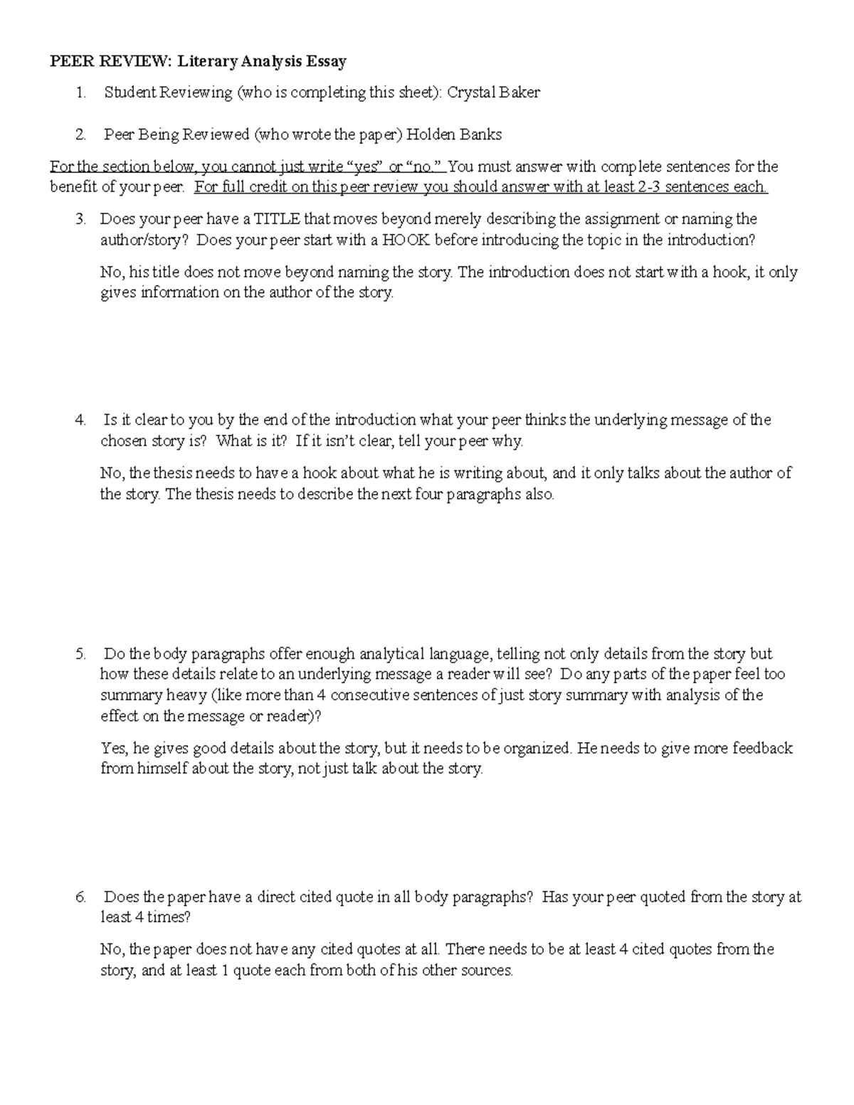 PEER Review Lit Analysis Essay (1) - PEER REVIEW: Literary Analysis ...