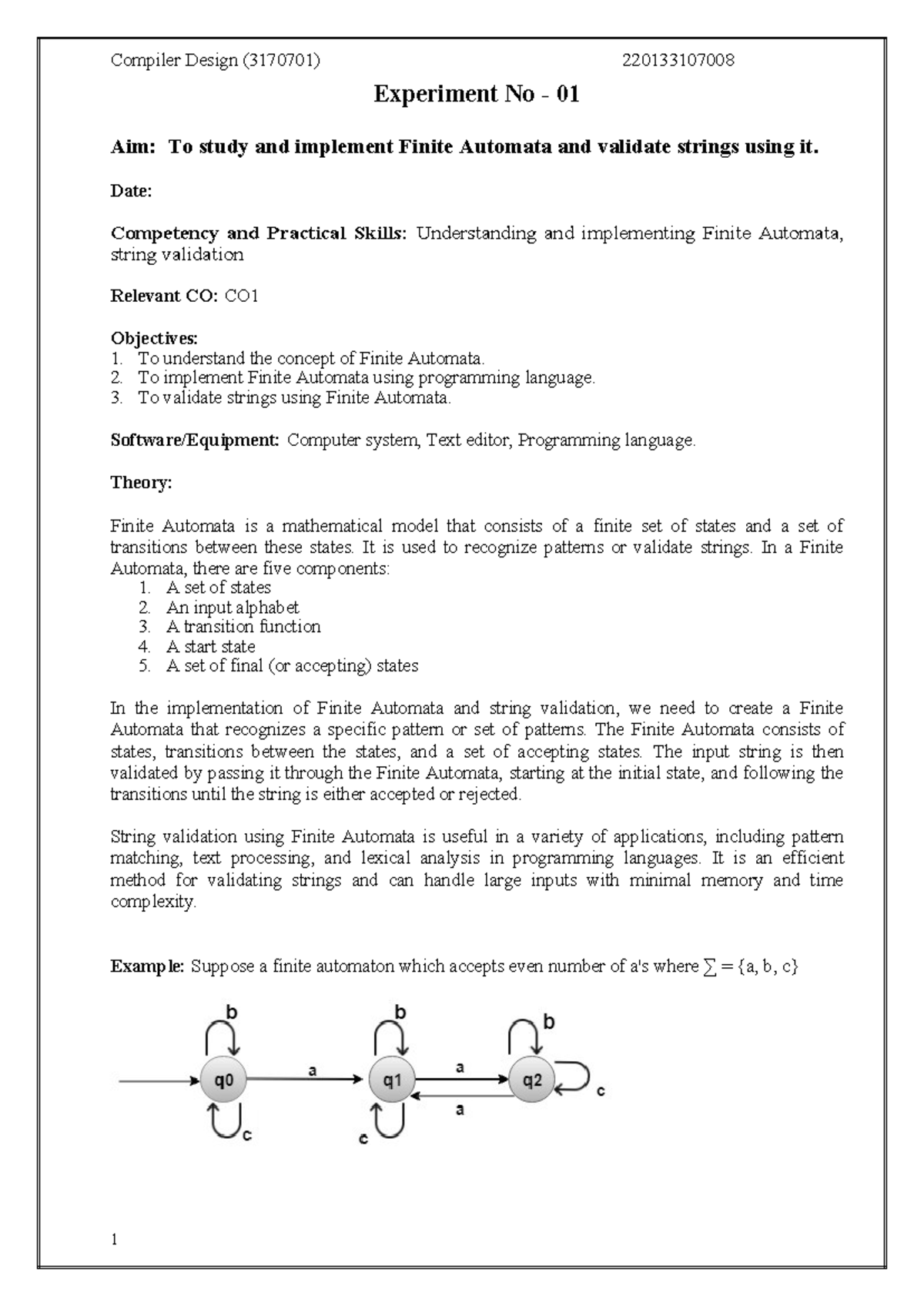 Cd all pracs - Cd practical file - Experiment No - 01 Aim: To study and implement Finite ...