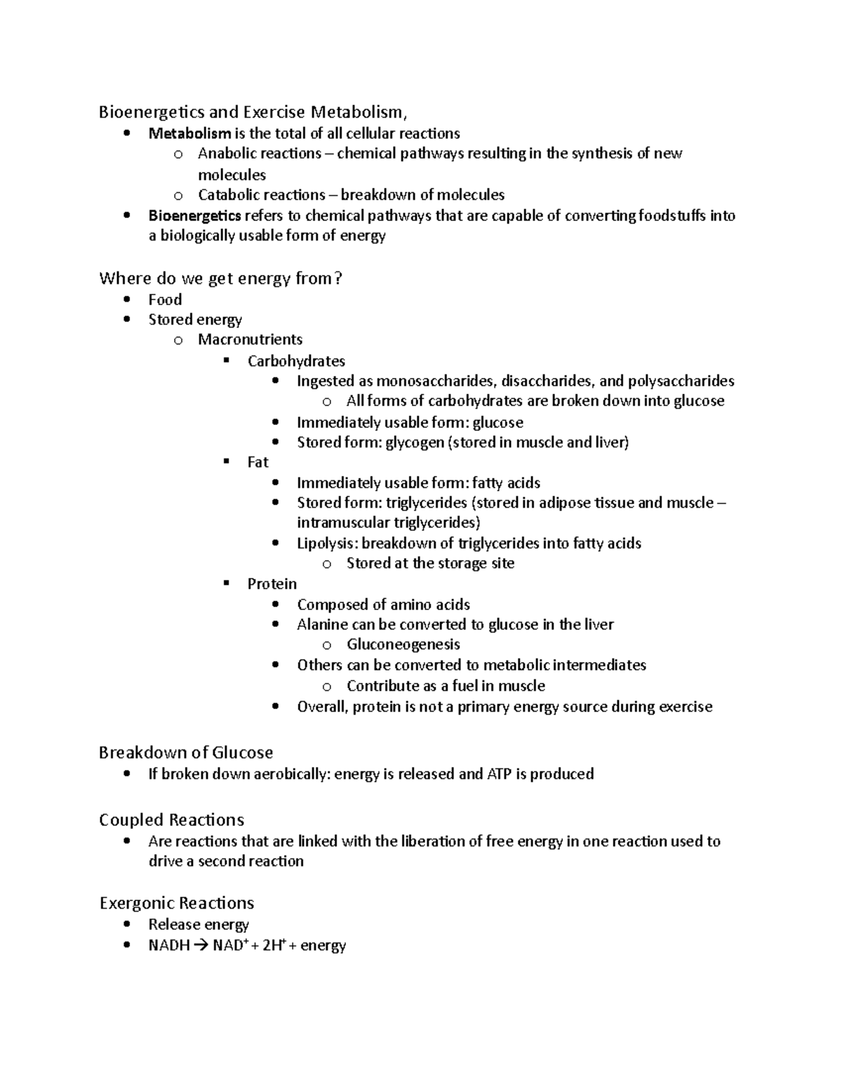 EXS PHYS. 2 - Lecture 1 (1-22-20) - Bioenergetics and Exercise ...