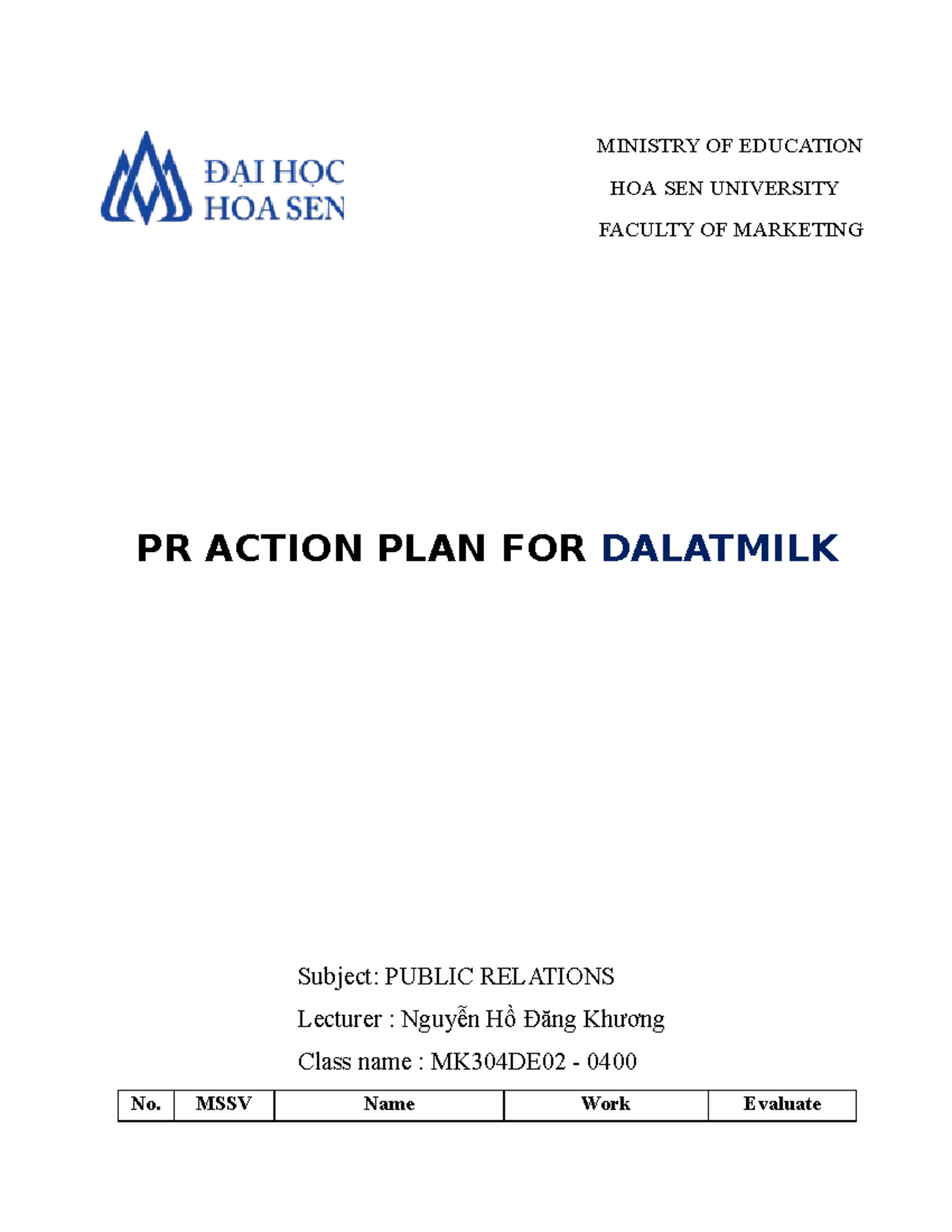 PR action plan - MINISTRY OF EDUCATION HOA SEN UNIVERSITY FACULTY OF ...