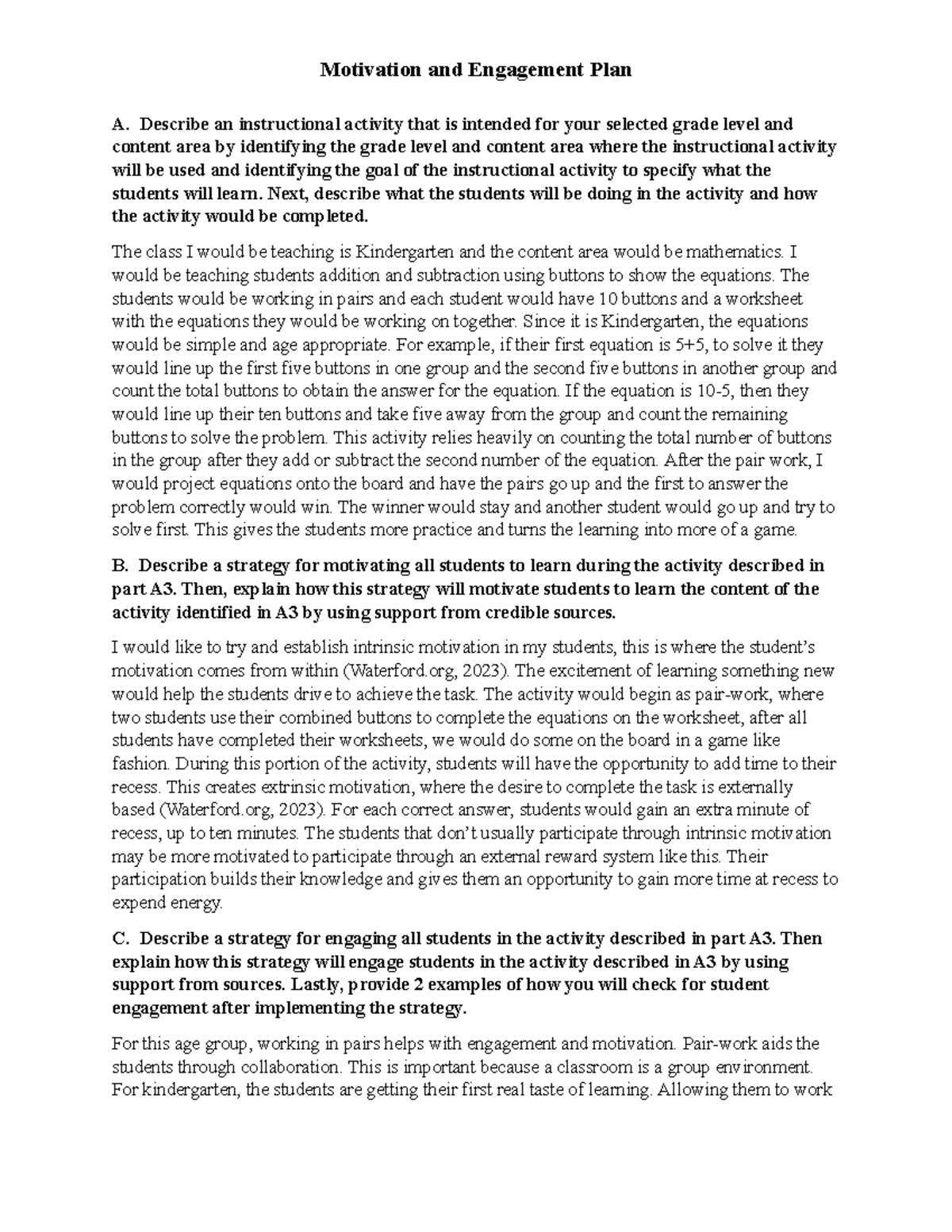 Motivation and engagement plan - Describe an instructional activity ...