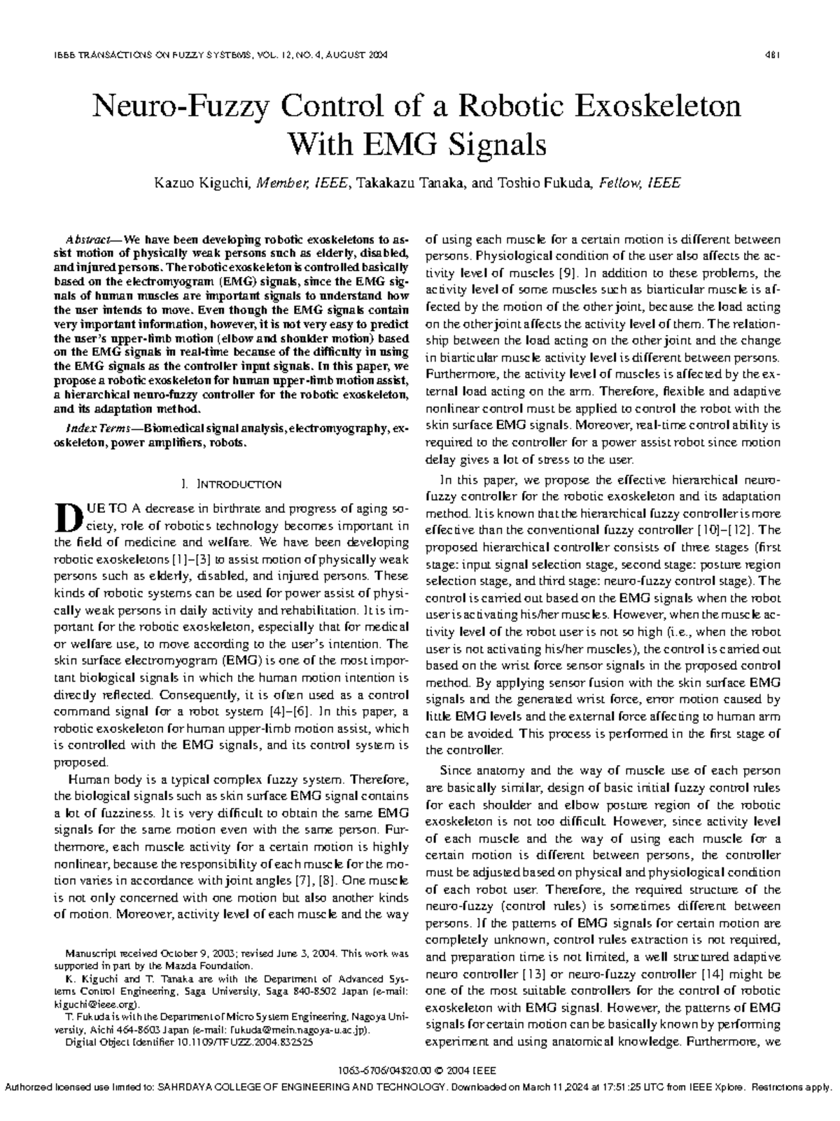 Neuro-fuzzy control of a robotic exoskeleton with EMG signals - Neuro ...