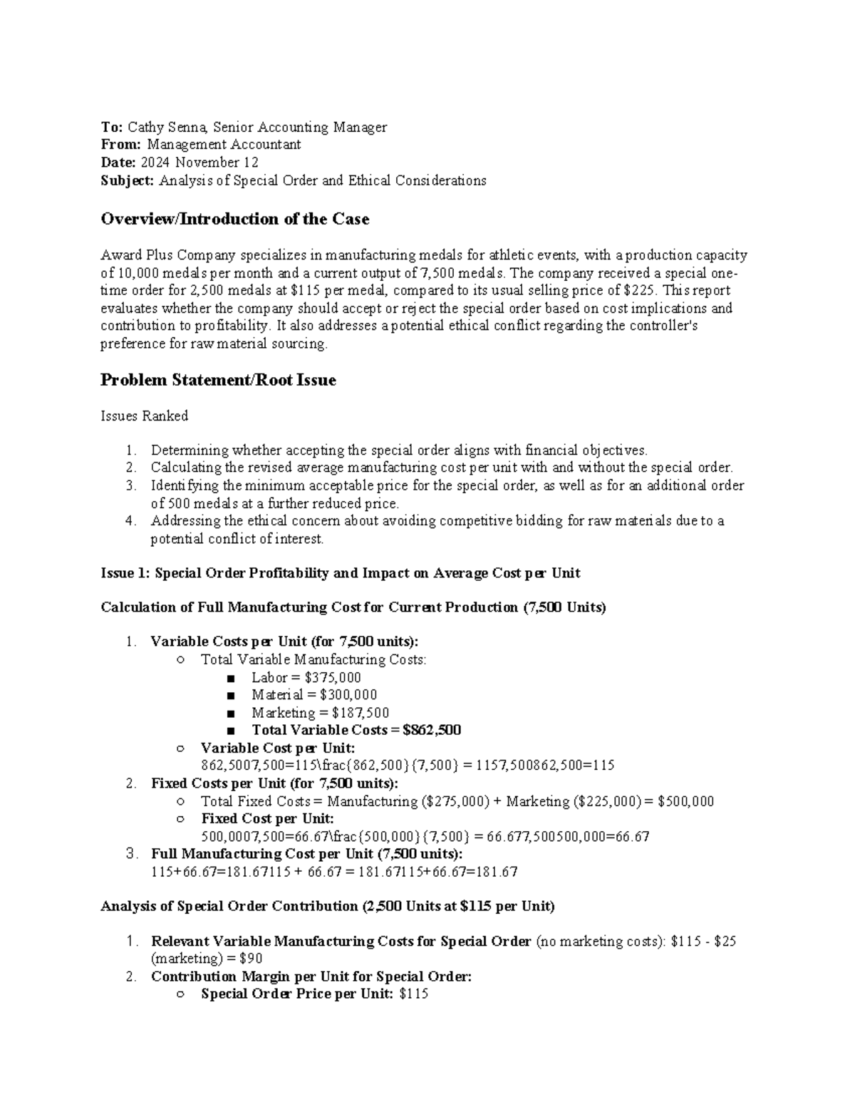 Case analysis 4 - To: Cathy Senna, Senior Accounting Manager From ...