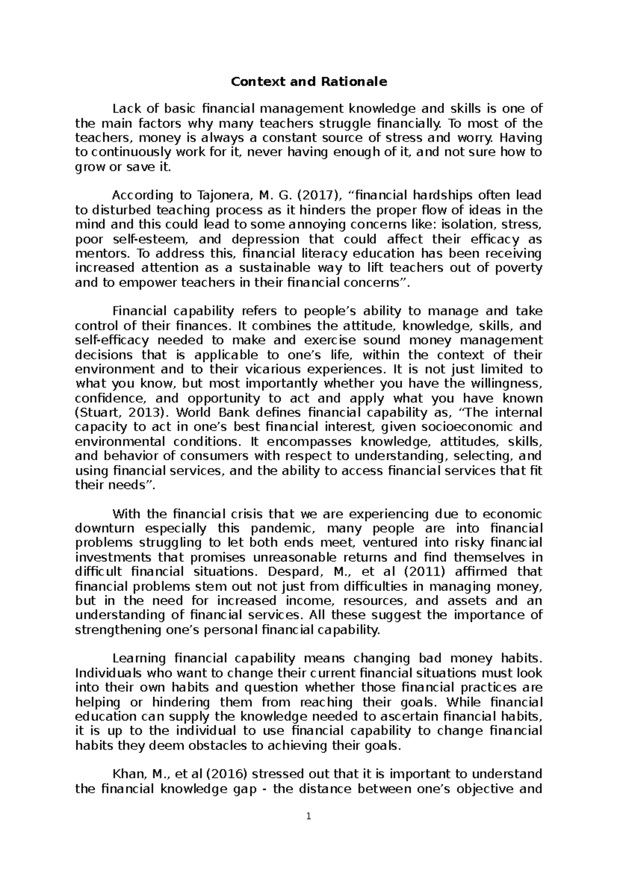 Context and Rationale - Context and Rationale Lack of basic financial ...