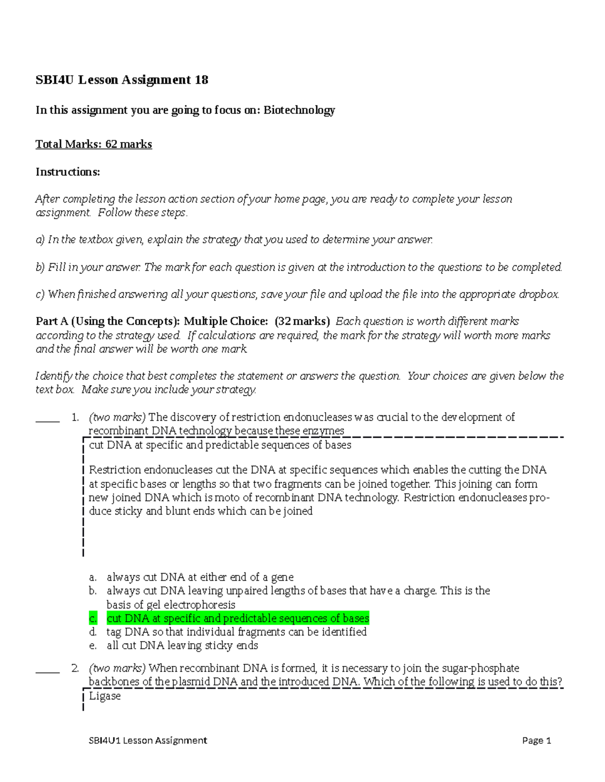 SBI4U Lesson Assignment 18 docx - SBI4U Lesson Assignment 18 In this assignment you are going to ...