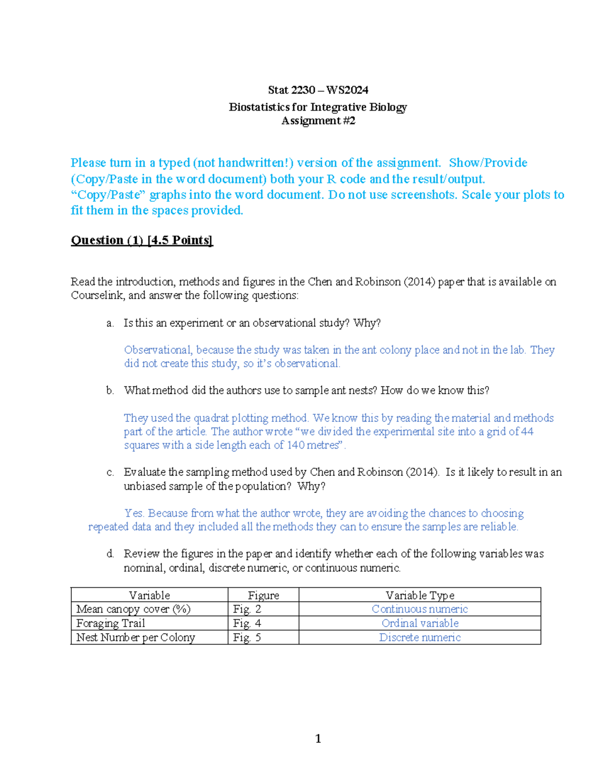 Assignment 2 W2024 stats - Stat 2230 – WS Biostatistics for Integrative Biology Assignment ...