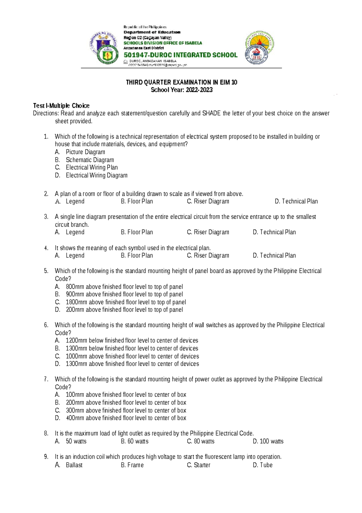 q3 Summative Test eim 10 - THIRD QUARTER EXAMINATION IN EIM 10 School ...
