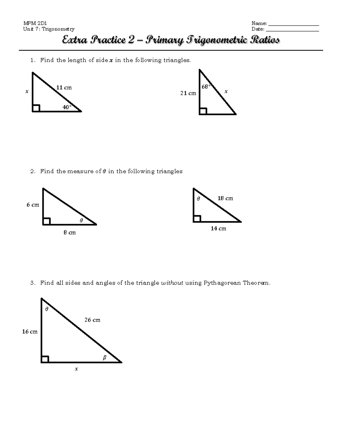 Extra Practice 2 and 3 - Practice Primary Trigonometric Ratios and ...