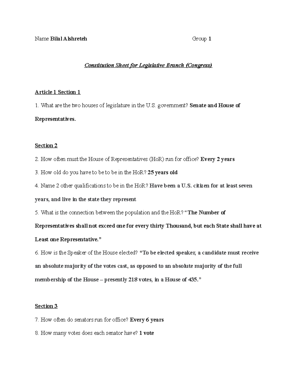 Constitution Sheet for Legislative Branch (Congress) - government ...