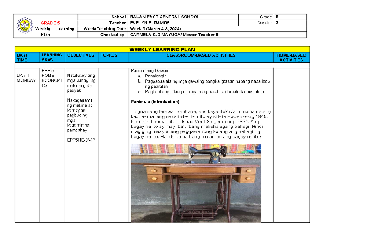 WLP Grade V EPP HE Week 5 - This is a plan for teaching EPP-HE V - GRADE 5 Weekly Learning Plan ...