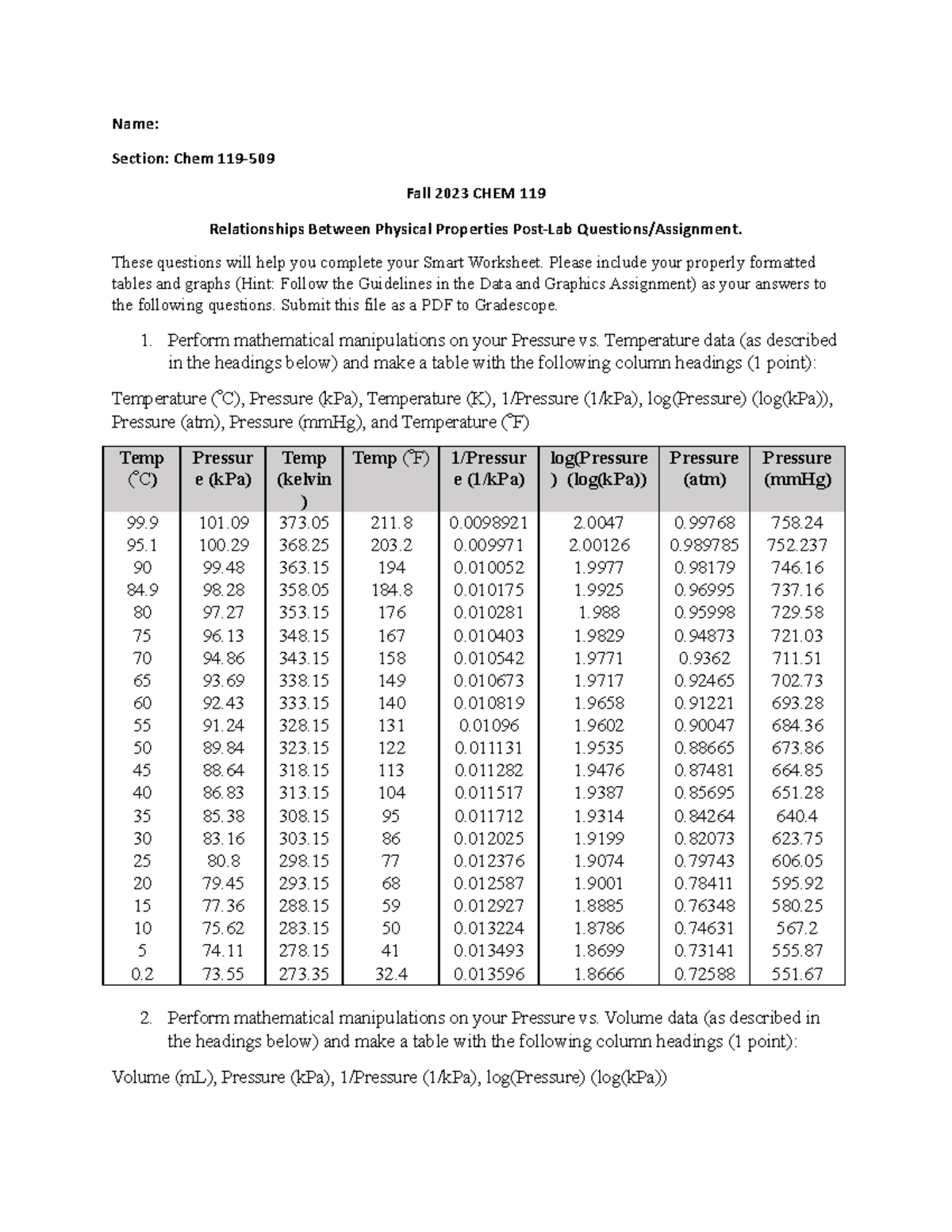Fall 2023-Discussion Question Physical Properties - Name: Section: Chem ...
