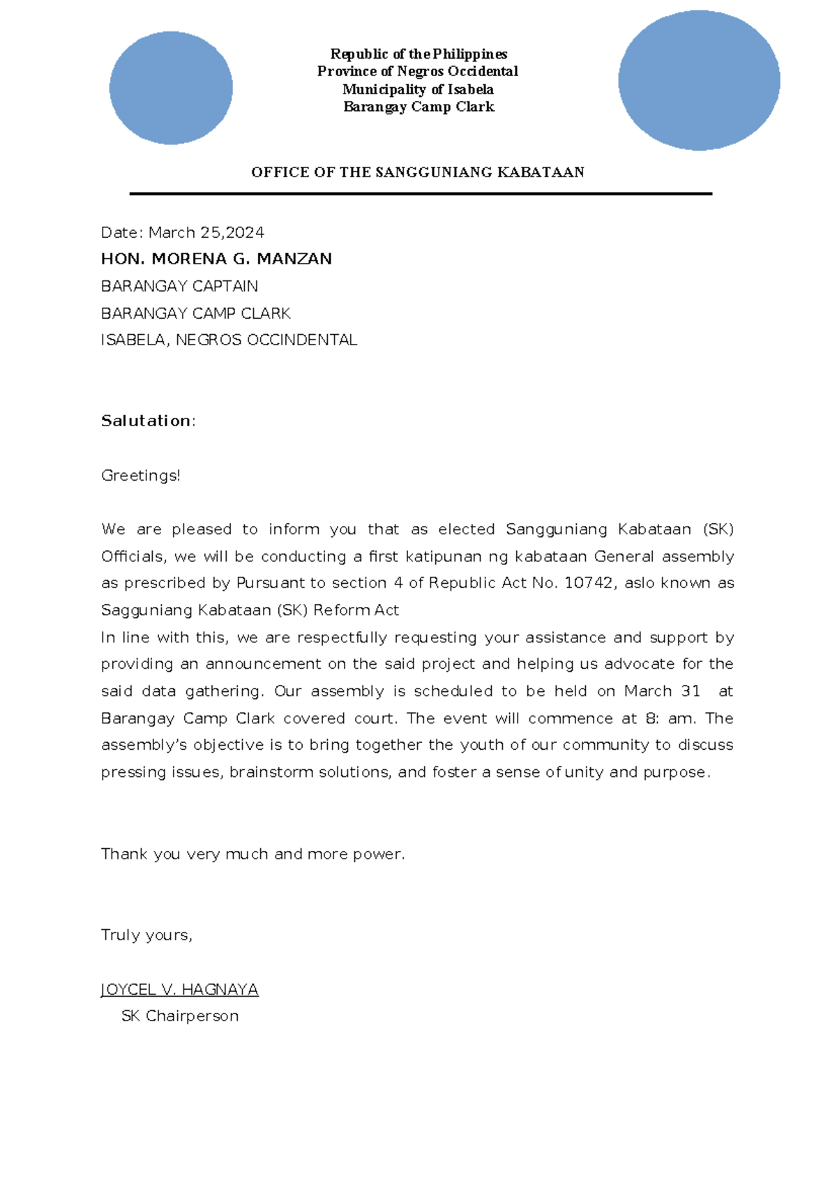 Letter assembly - Republic of the Philippines Province of Negros ...