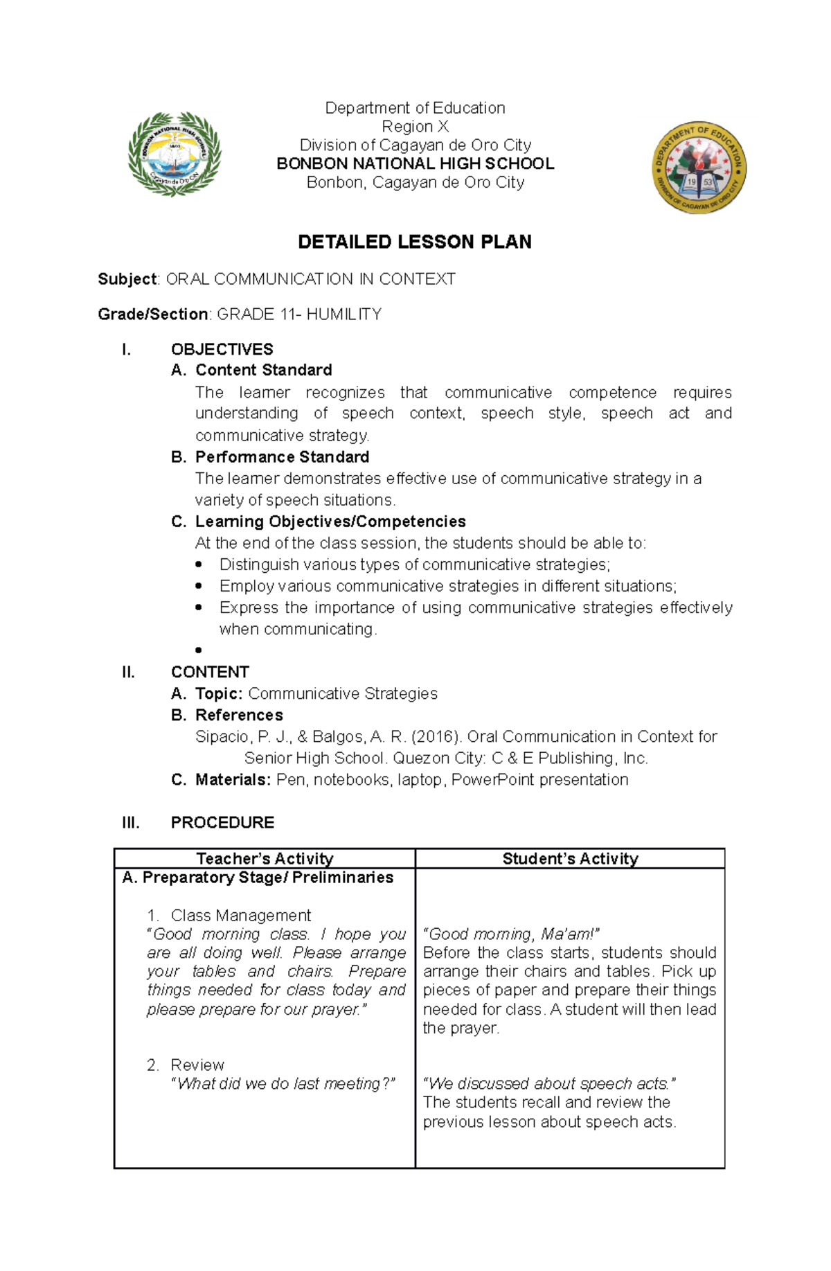 DLP Oral Communication Communicative Strategies Department Of