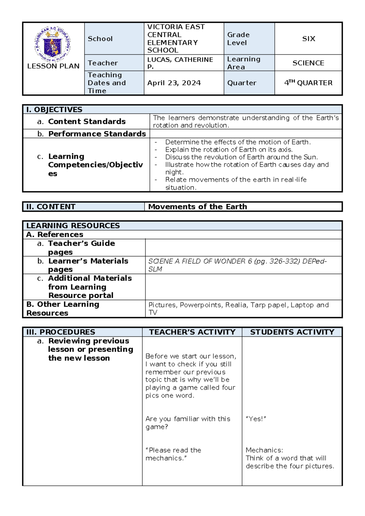 LP-demo science Deped - LESSON PLAN School VICTORIA EAST CENTRAL ...
