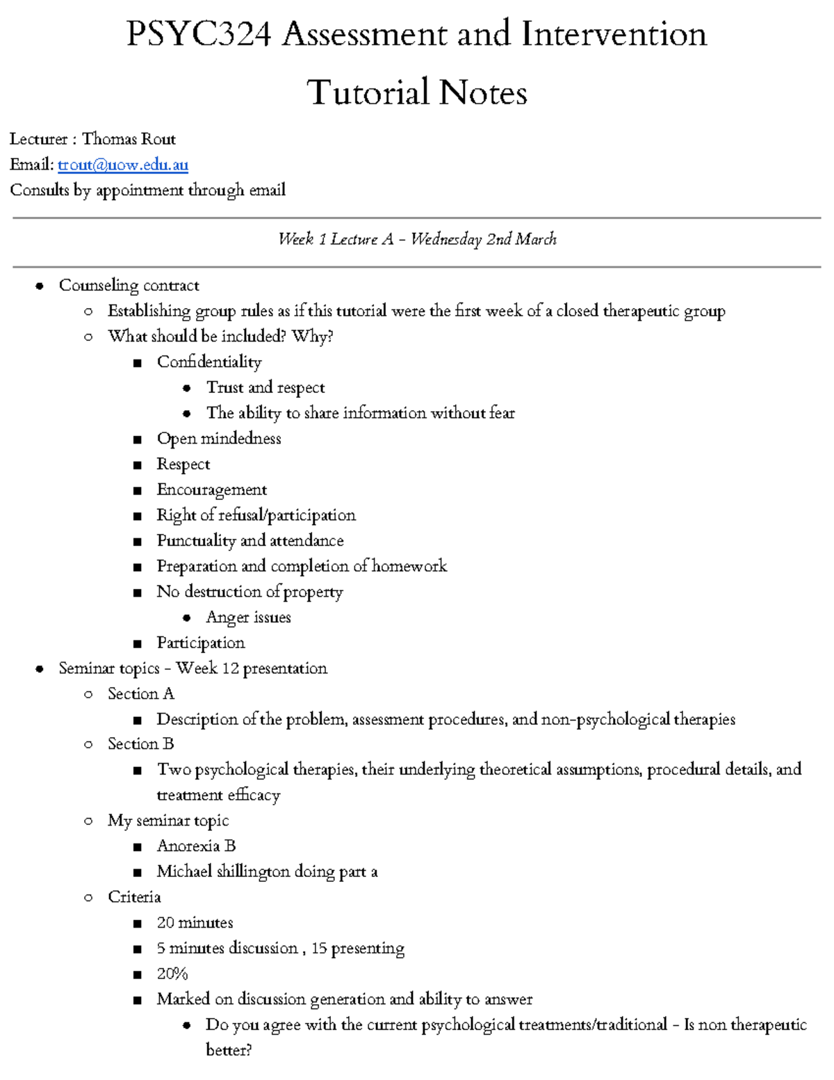324 Tutorial - Course Outline and expectations - PSYC324 Assessment and ...