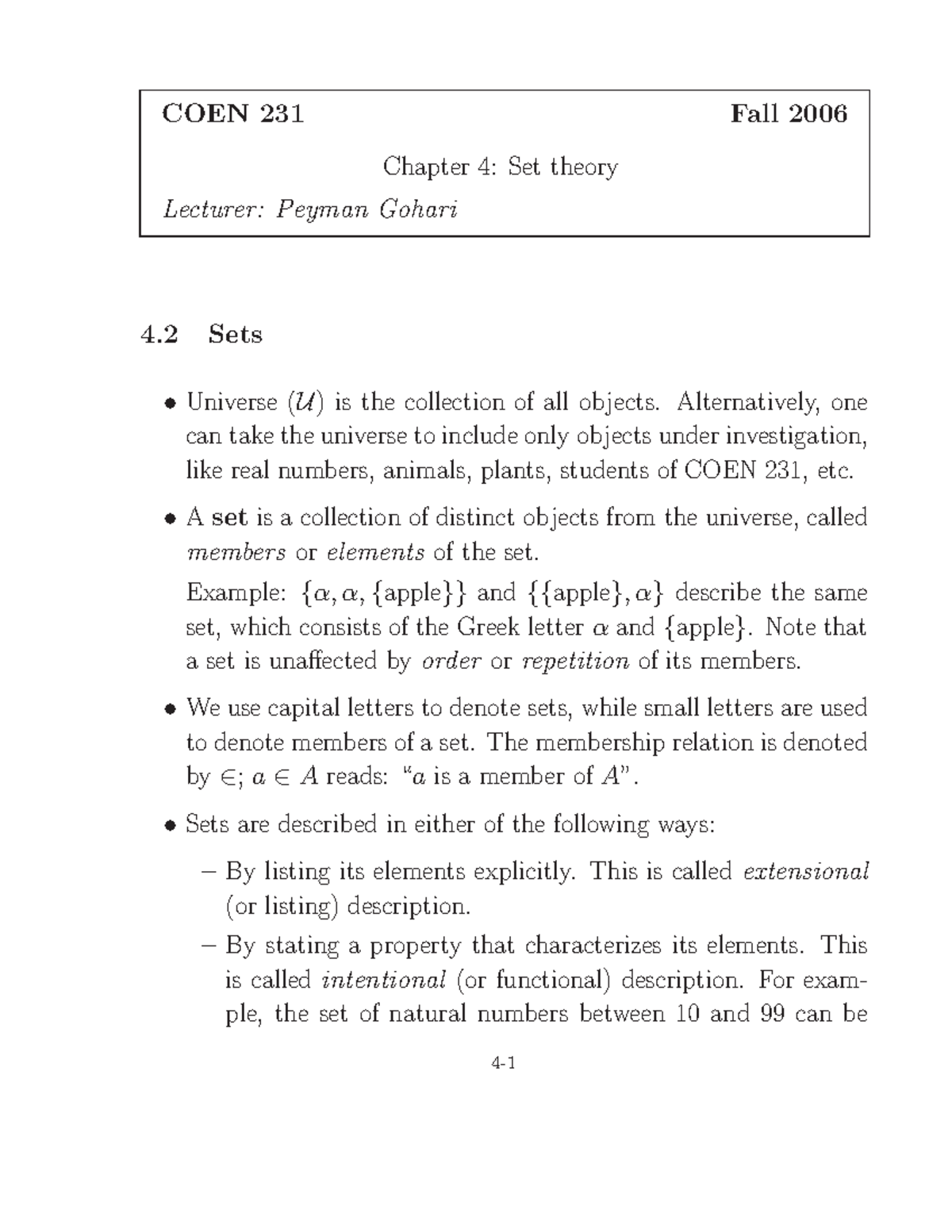 4l - COEN 231 chapter 4l - COEN 231 Fall 2006 Chapter 4: Set theory Lecturer: Peyman Gohari 4 ...