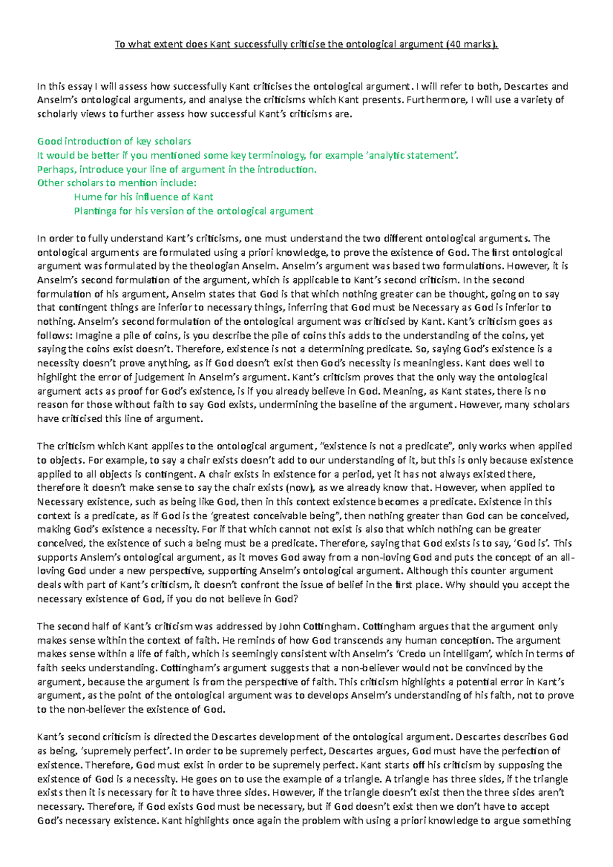 12. Kants Critique of the Ontological Argument [40 marks] - To what ...