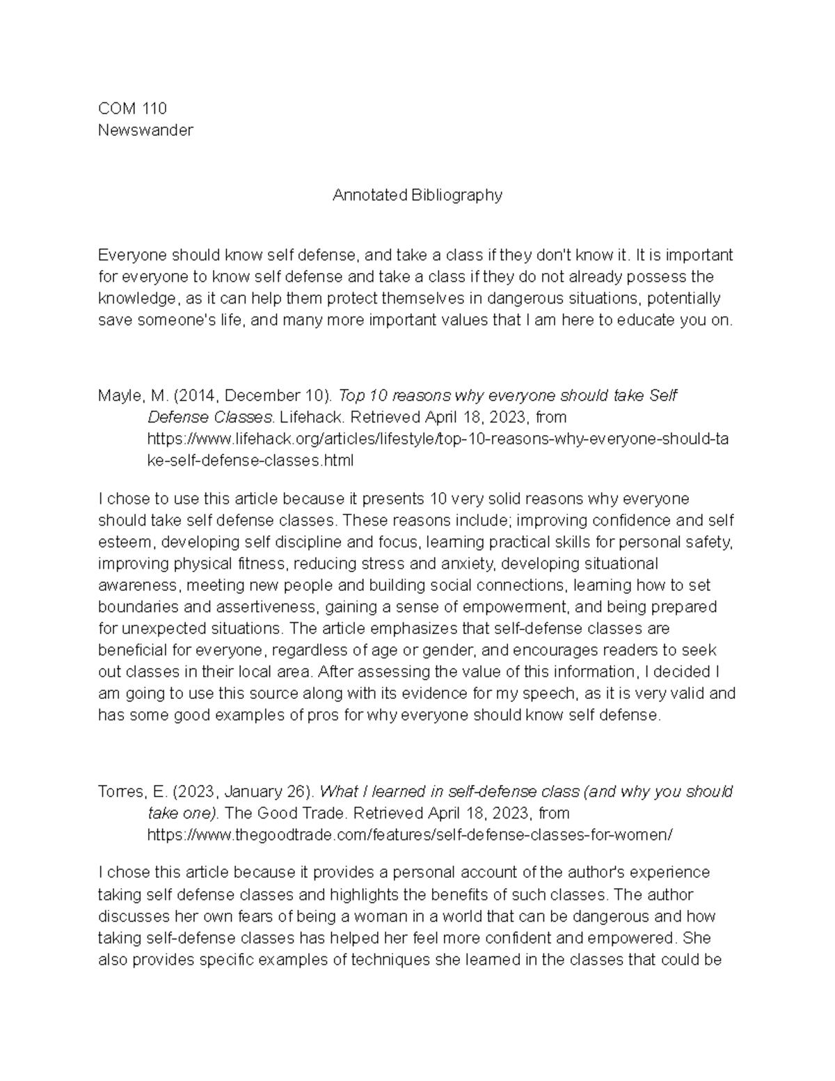 COM Annotated Bibliography-2 - COM 110 Newswander Annotated ...