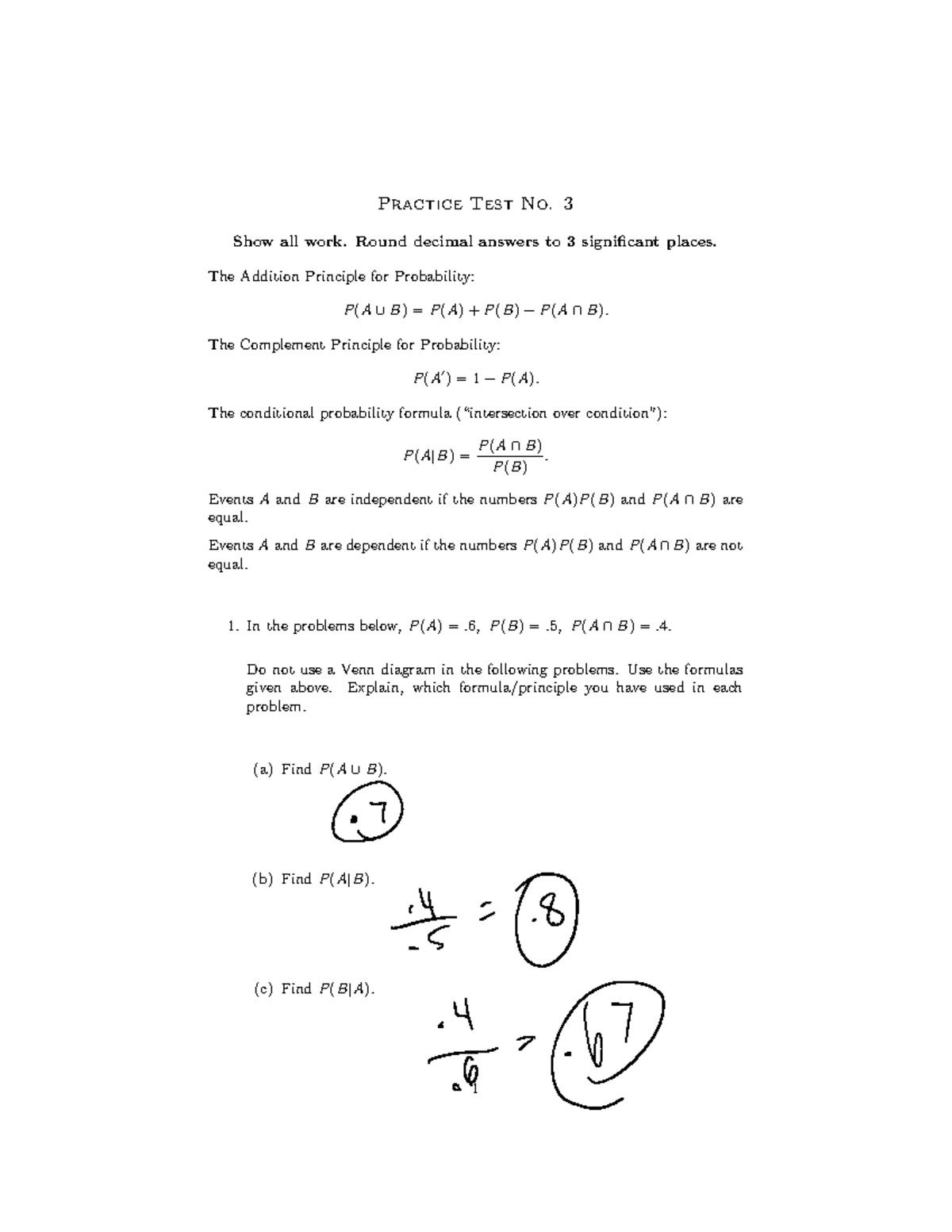 Practice Test 3 - 3 Show all work. Round decimal answers to 3 ...