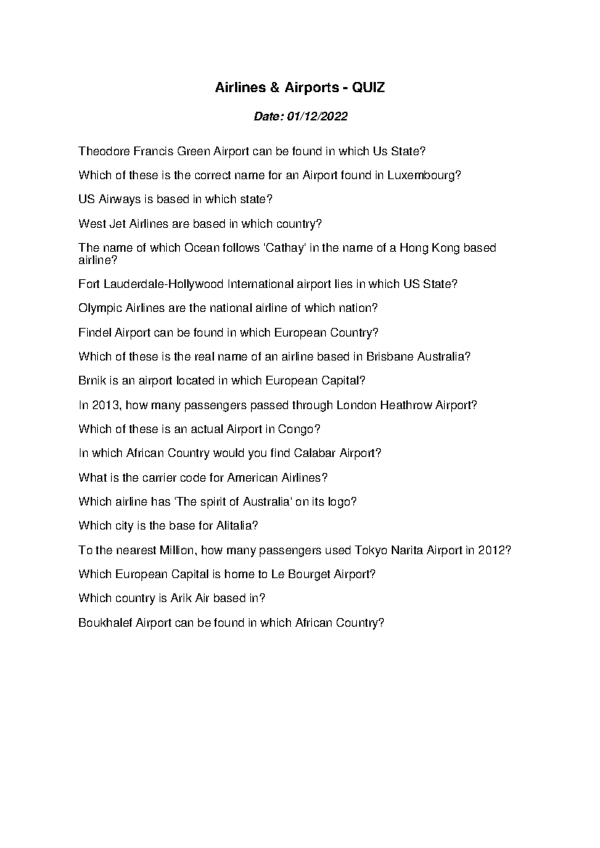 Airlines & Airports QUIZ 67 - Airlines & Airports - QUIZ Date: 01/12 ...