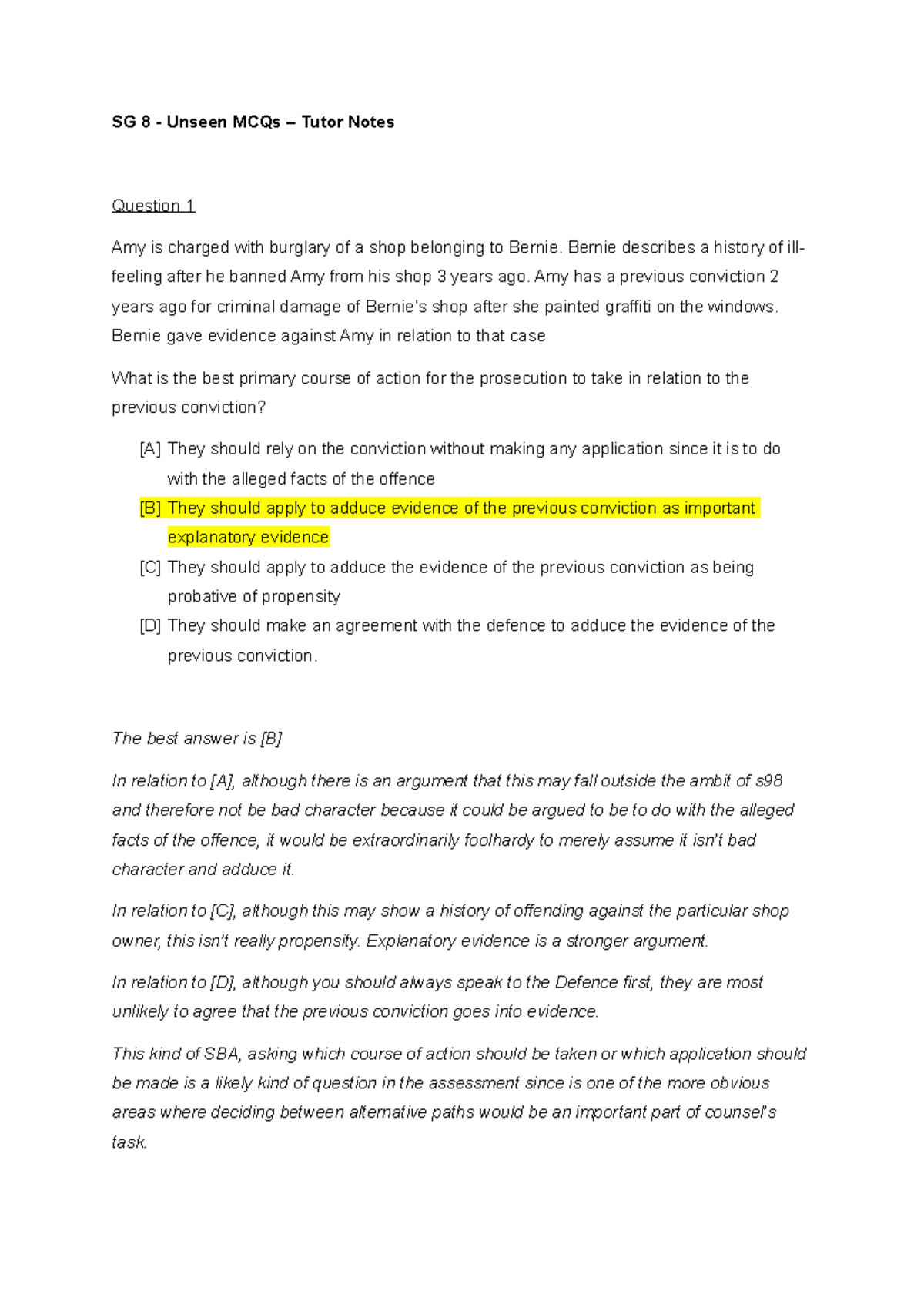 Character Evidence for bad Character - SG 8 - Unseen MCQs – Tutor Notes ...