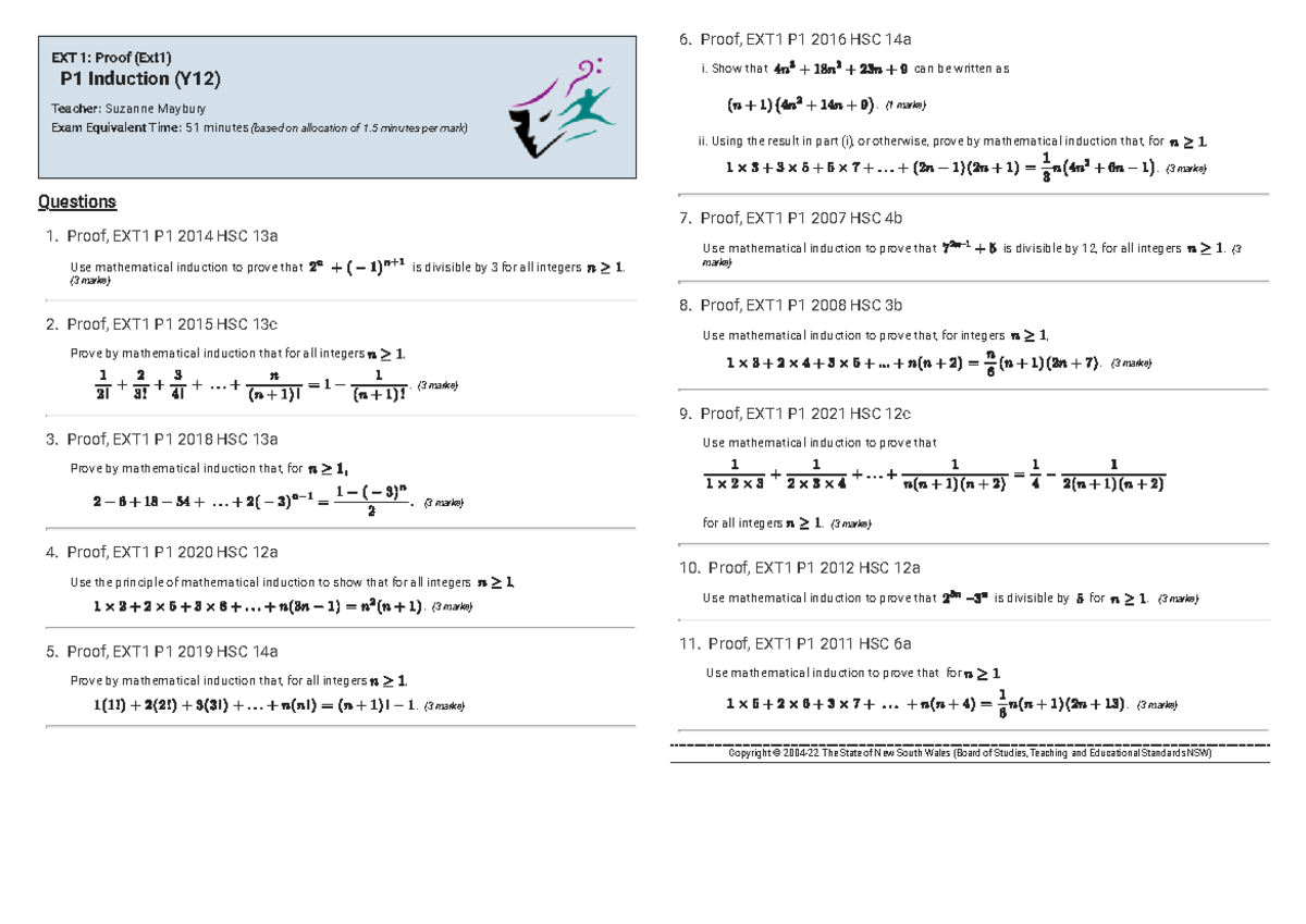 Proof, EXT1 P1 Induction Questions for HSC - 1. Proof, EXT1 P1 2014 HSC ...