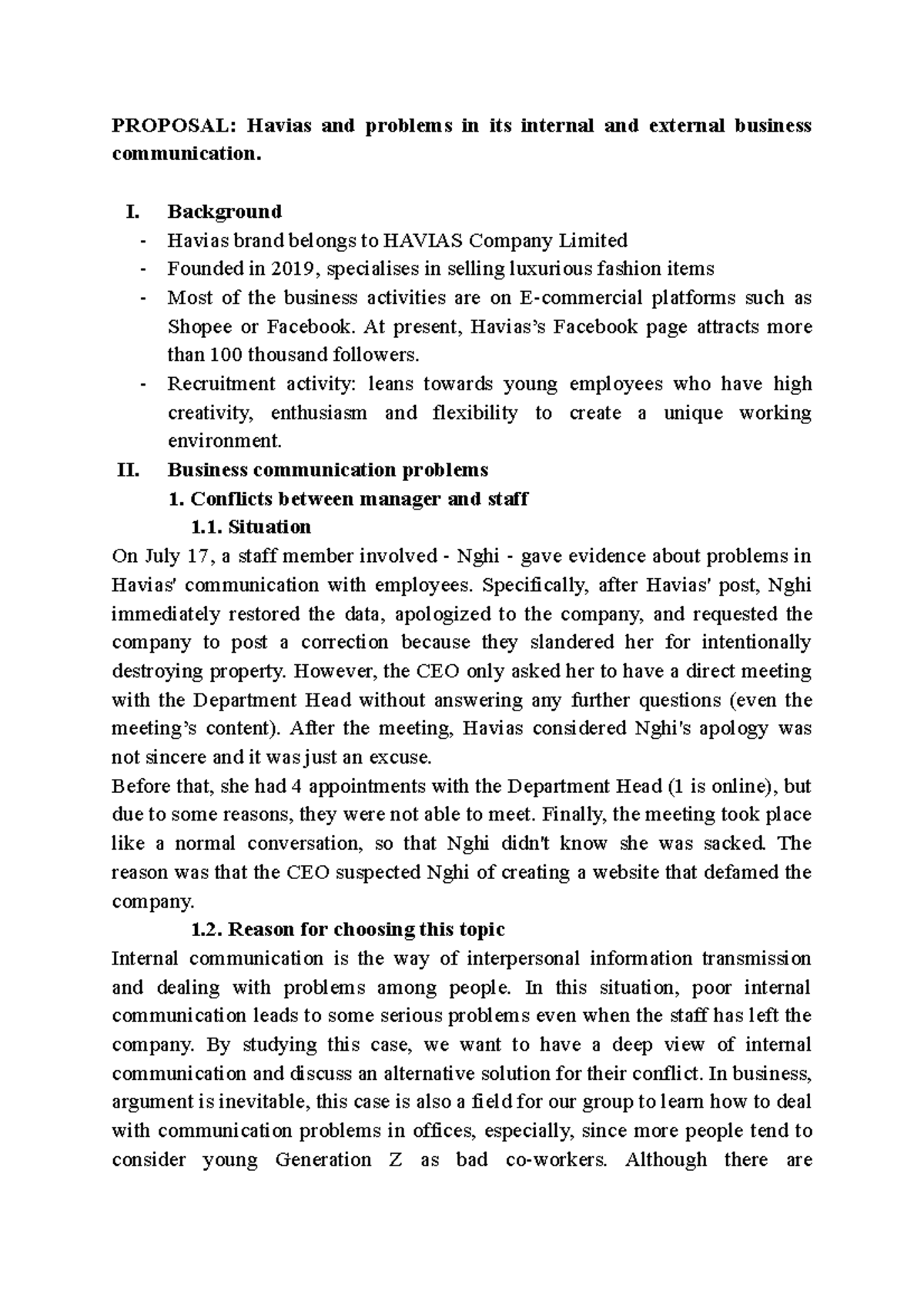 Proposal business communication Group 1 - PROPOSAL: Havias and problems ...