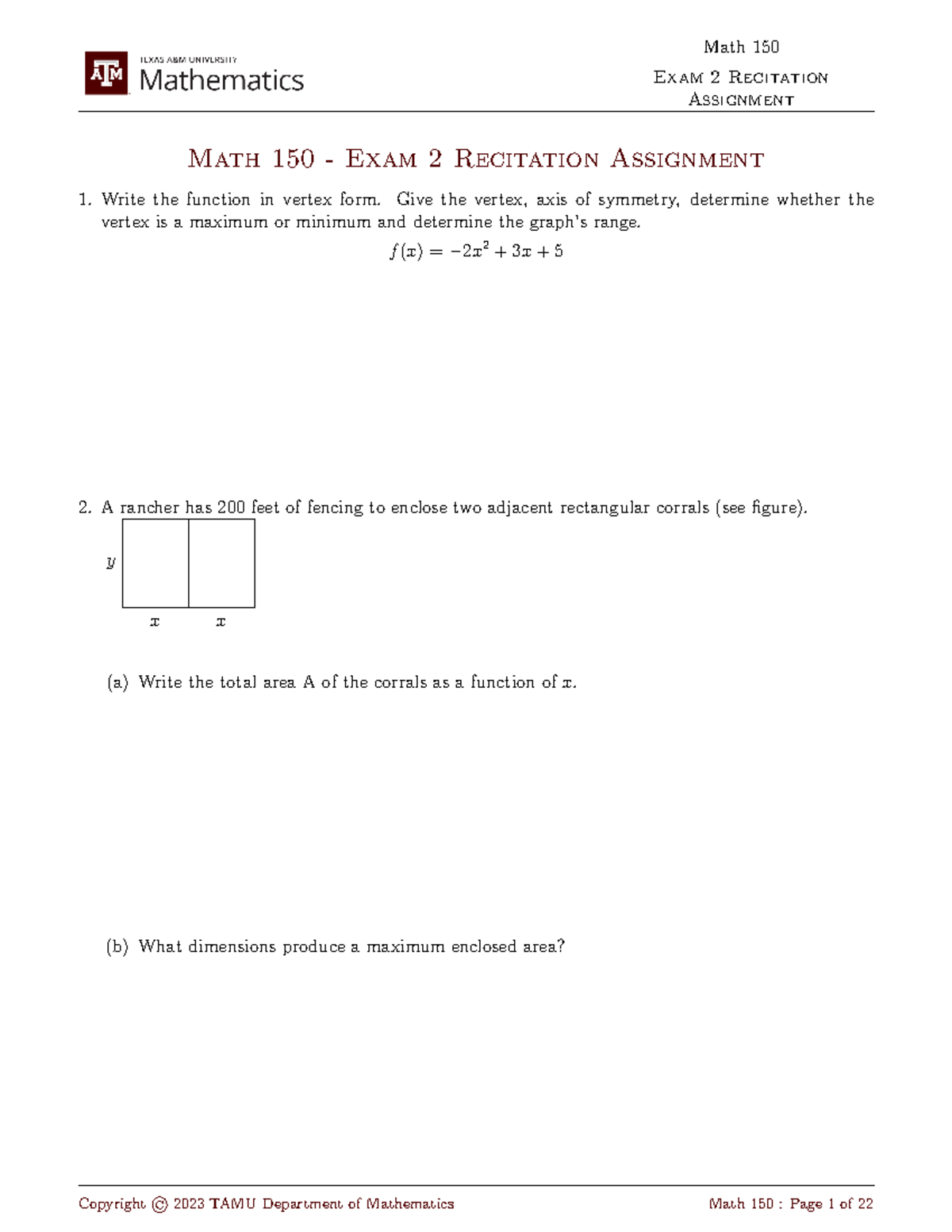 M150 23A E2Recitation(Blank) - Exam 2 Recitation Assignment Math 150 ...
