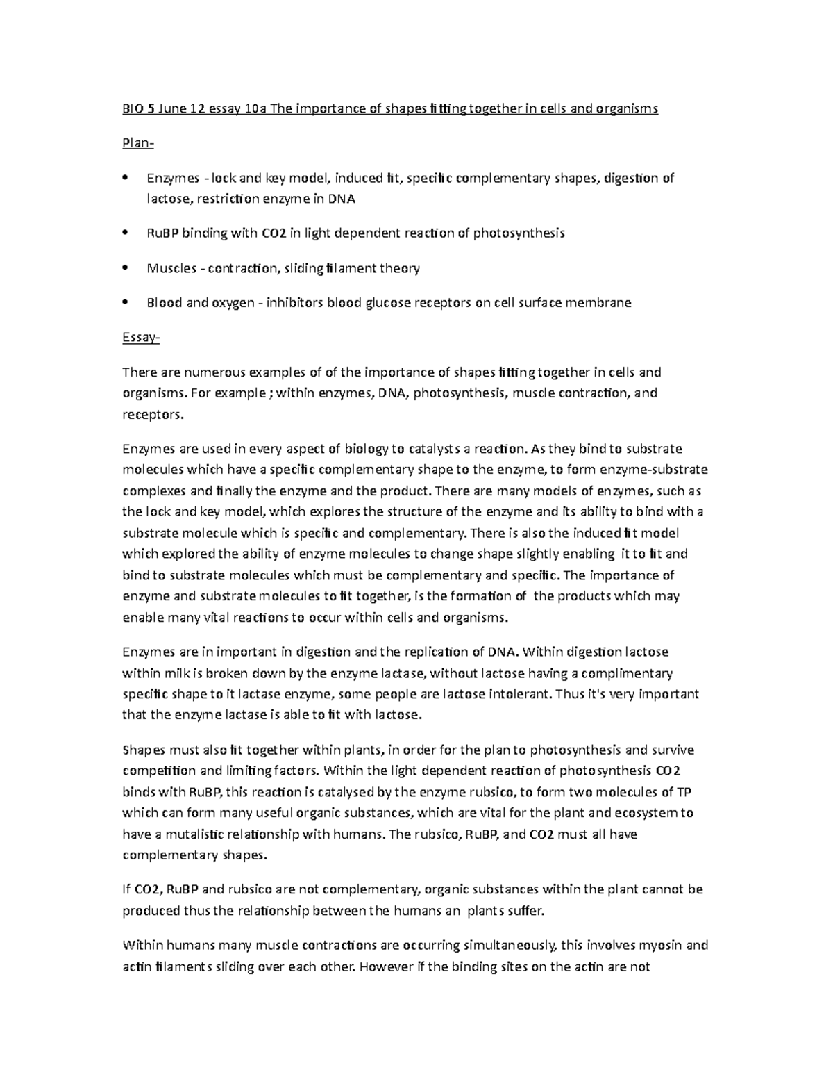 Biology unit 5 June 12 essay- the importance of shapes fitting together ...