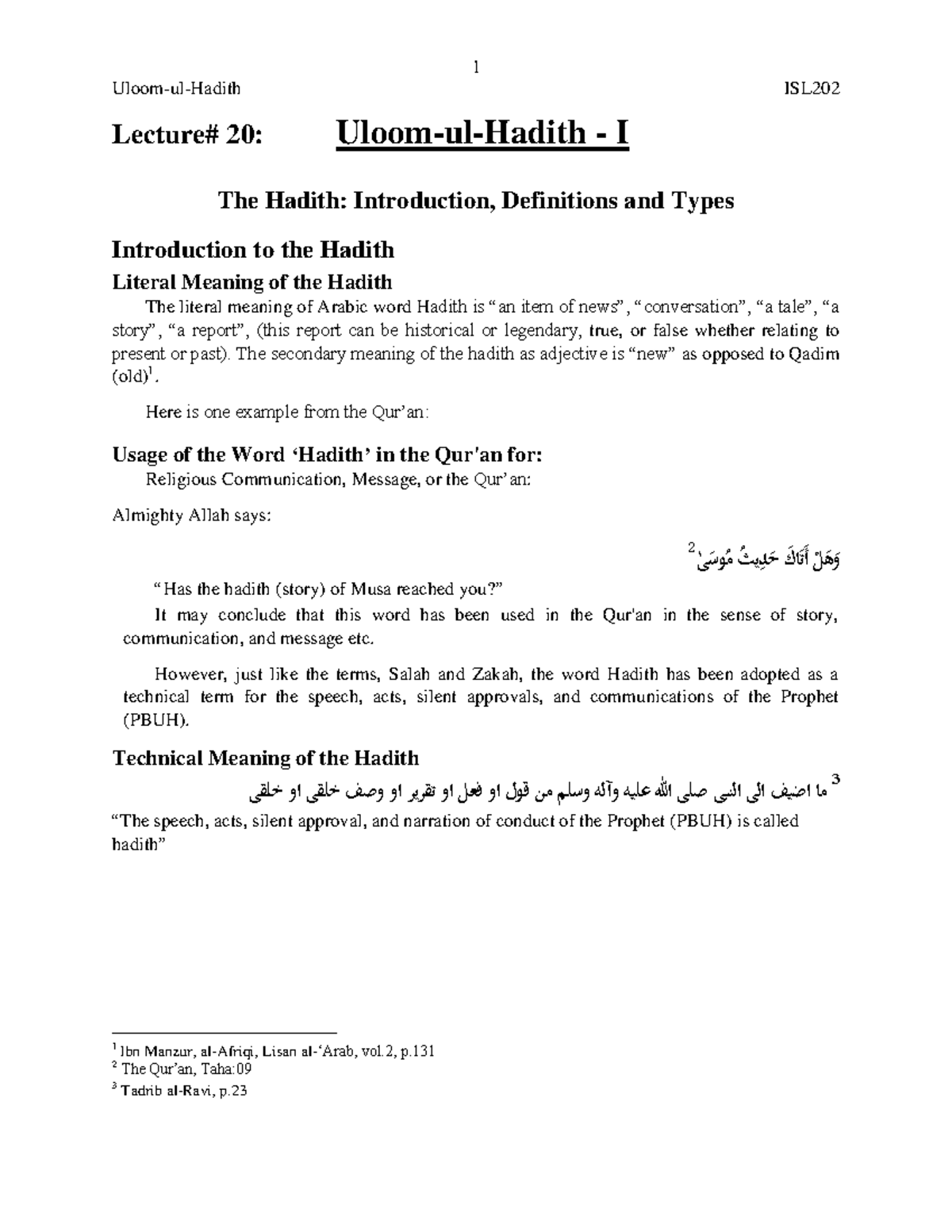 20. Uloom-ul-Hadith - I (Handouts) - Uloom-ul-Hadith ISL Lecture# 20: Uloom-ul-Hadith - I The ...