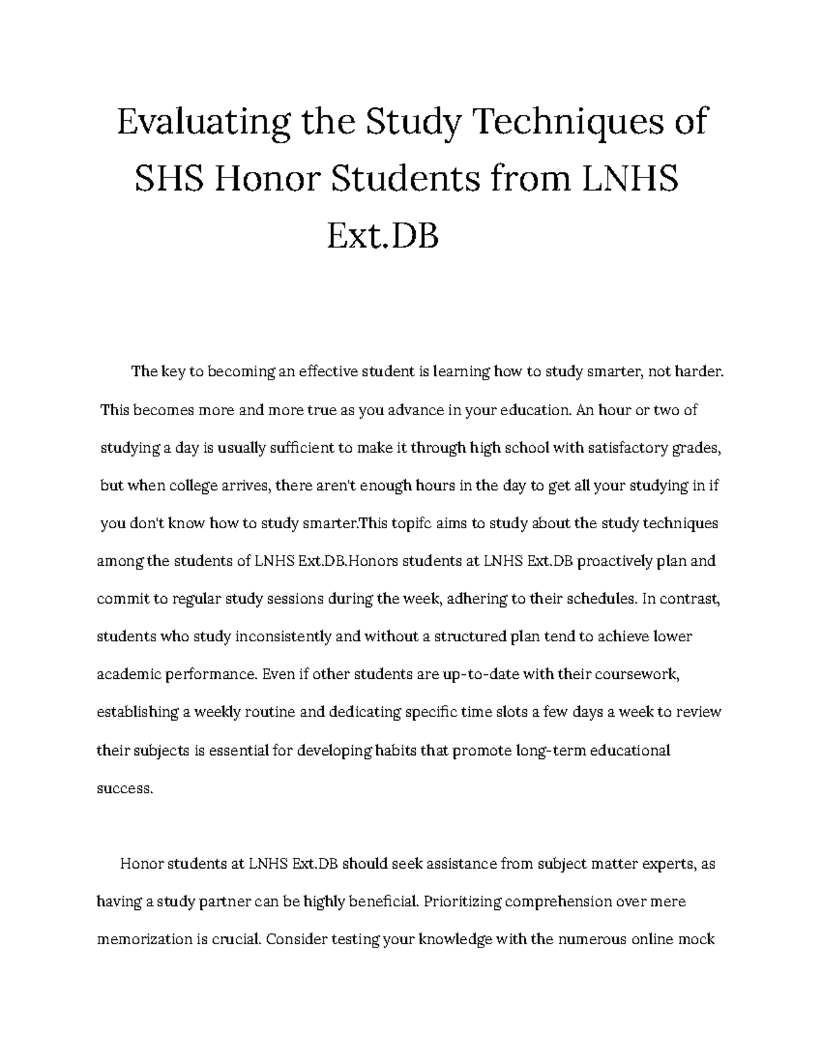 Introduction research - Evaluating the Study Techniques of SHS Honor ...