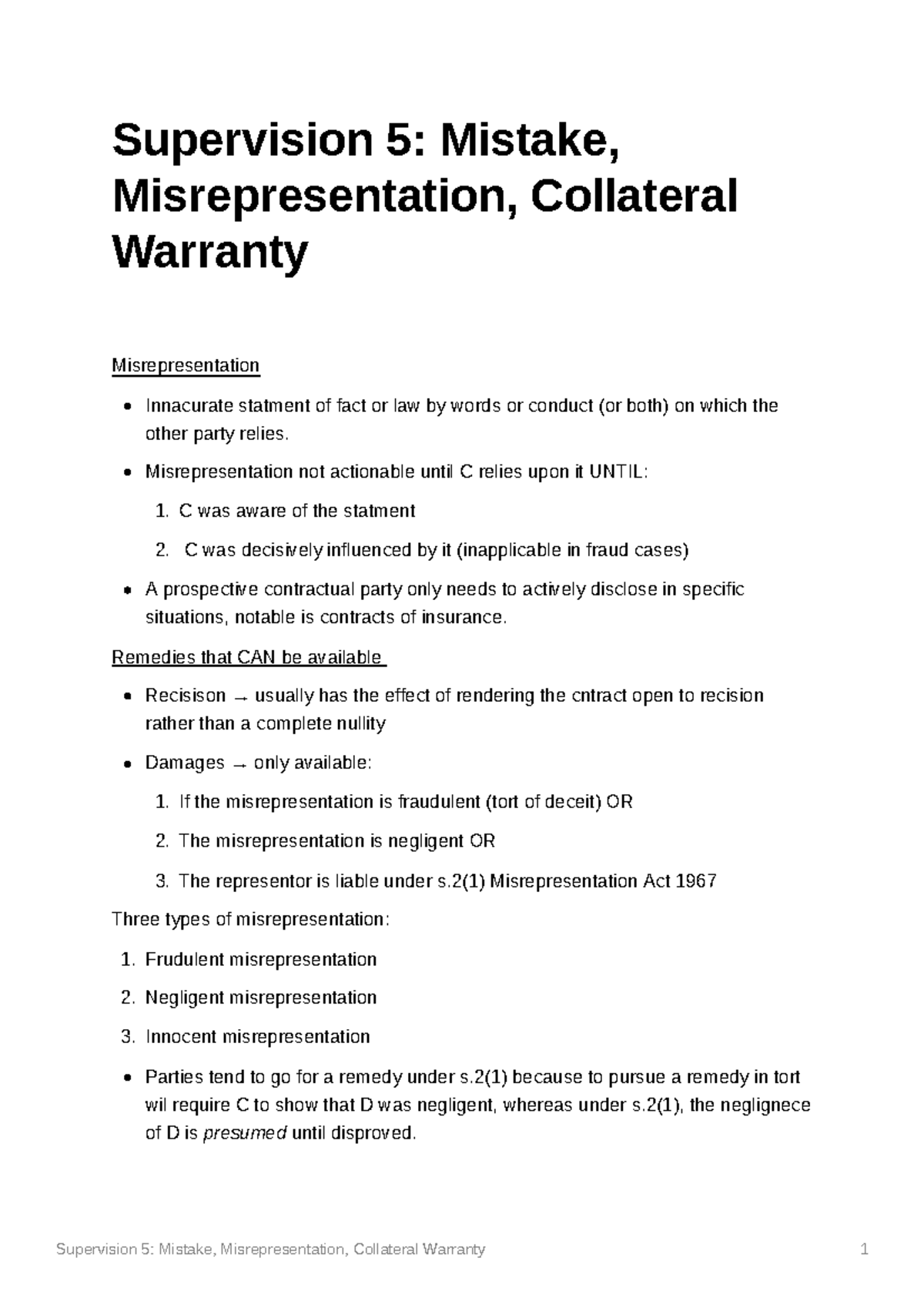 Mistake, Misrepresentation, Collateral Warranty - Supervision 5 ...
