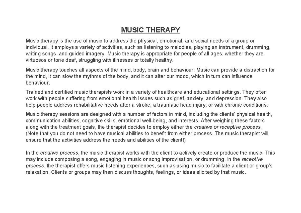 Music Therapy - MUSIC THERAPY Music therapy is the use of music to ...