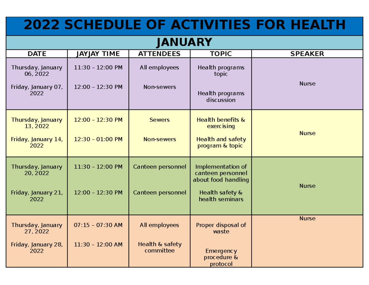 2022 Schedule OF Activities FOR Health - 2022 SCHEDULE OF ACTIVITIES ...