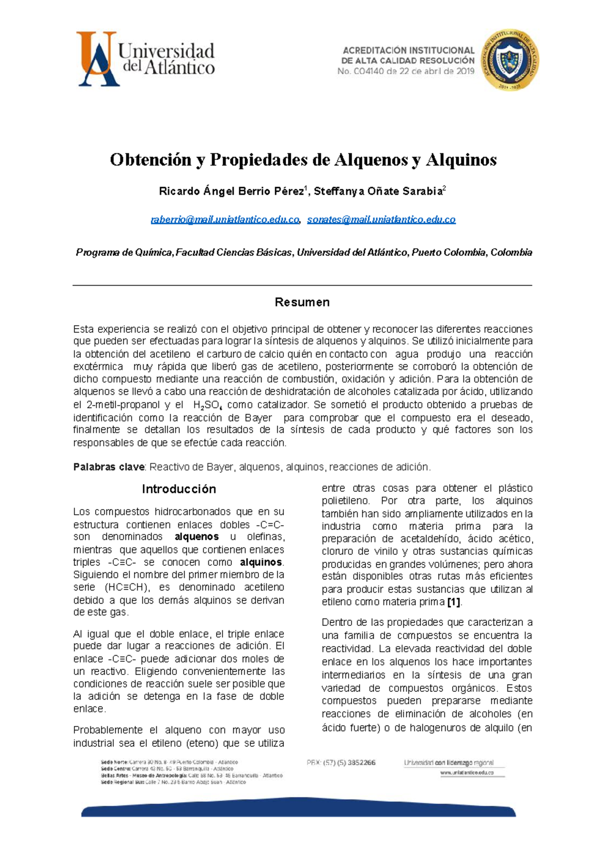 Informe N°3 Obtención y Propiedades de Alquenos y Alquinos - Obtención ...