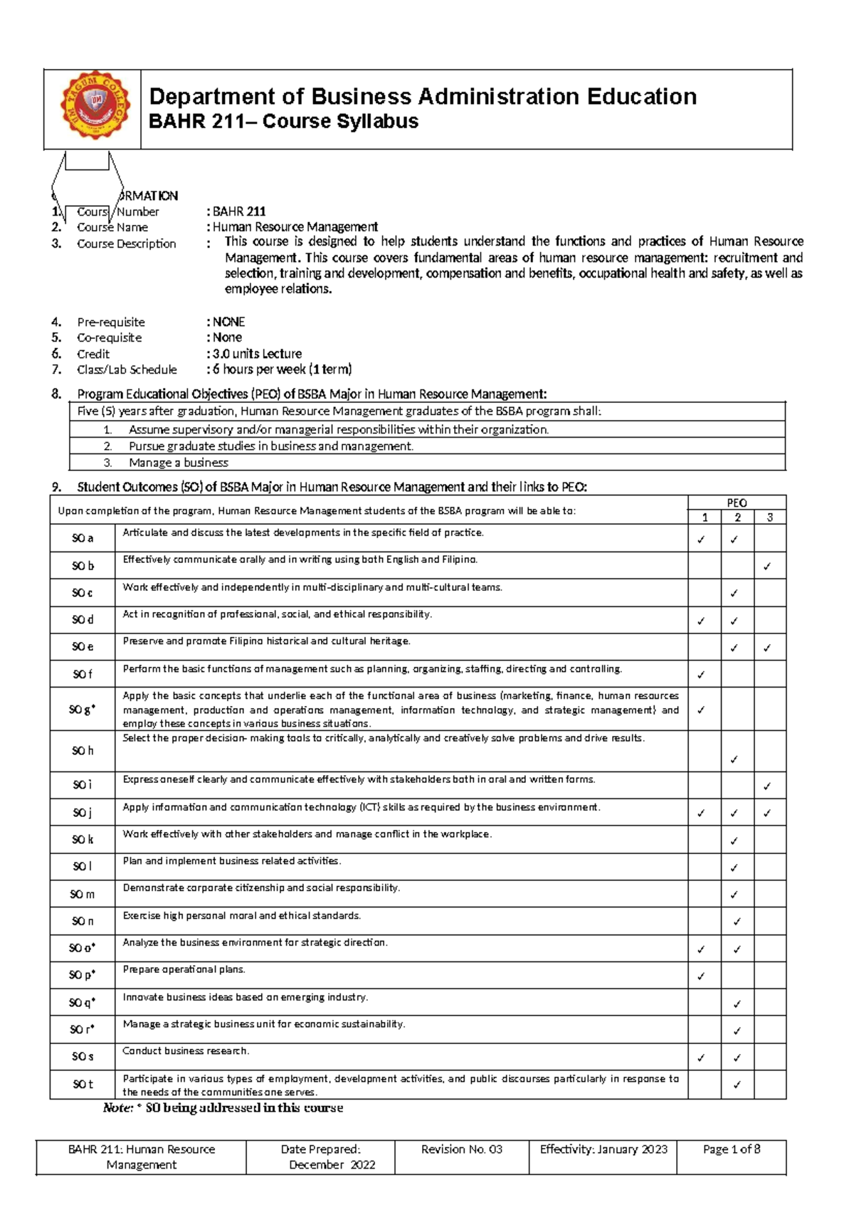 BAHR 211 - BAHR 211 - BAHR 211– Course Syllabus COURSE INFORMATION 1. Course Number : BAHR 211 2 ...