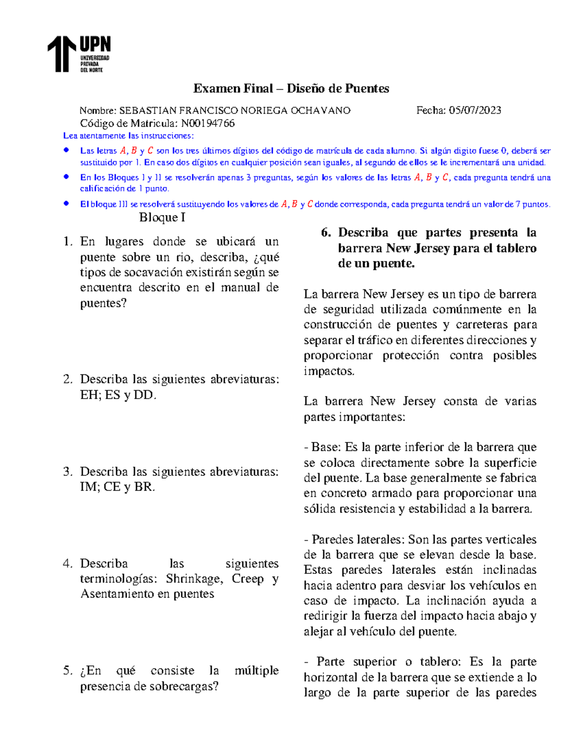 EXAMEN FINAL PUENTES - Examen Final – Diseño de Puentes Nombre ...