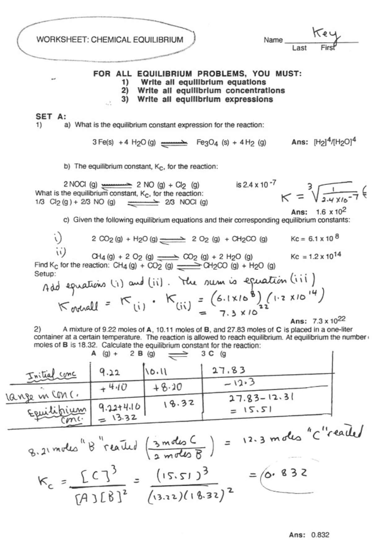 Worksheet Chemical Equilibrium KEY - Applied Sciences - Studocu