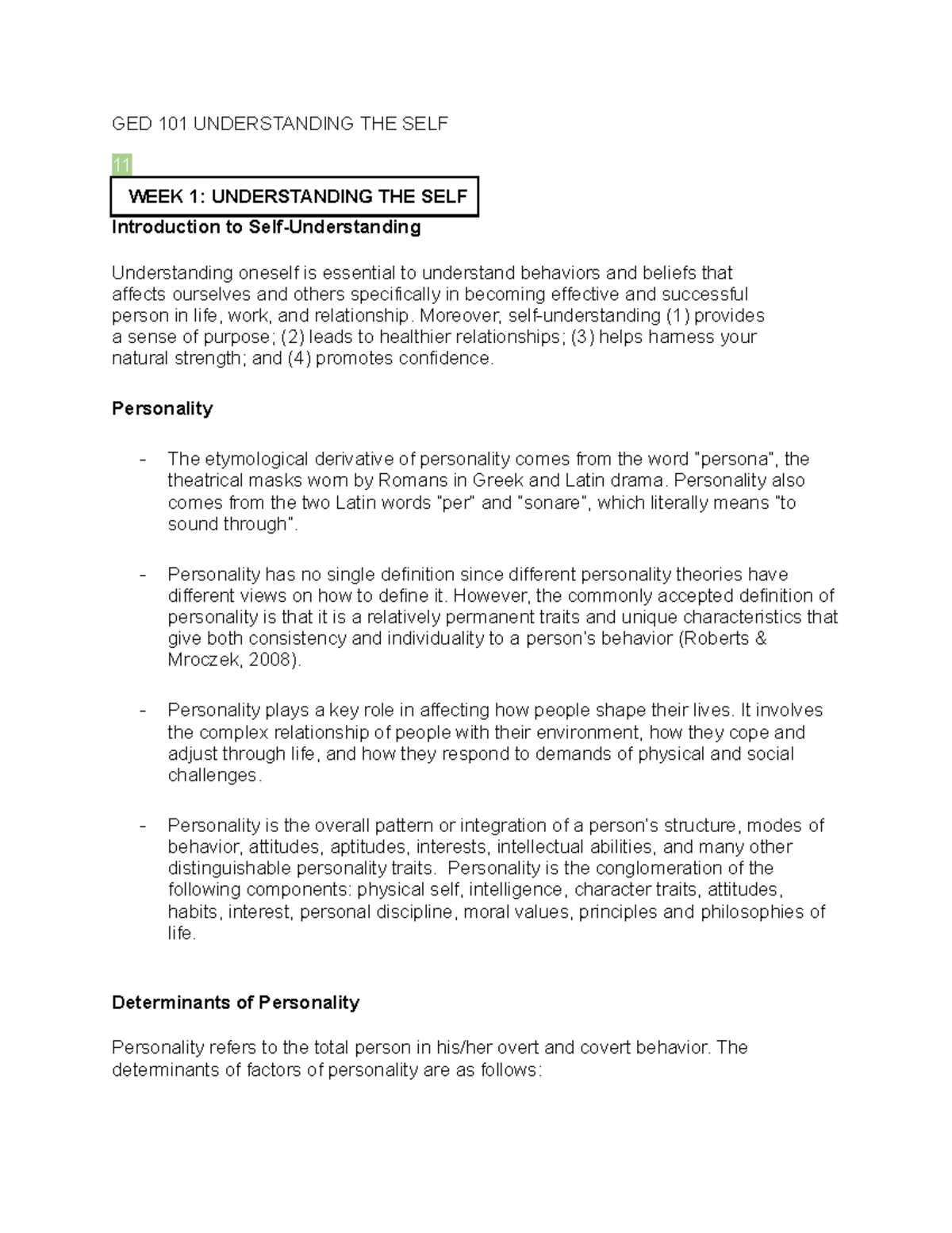 EXAM- Reviewer-Understanding the Self - GED 101 UNDERSTANDING THE SELF 11 WEEK 1: UNDERSTANDING ...