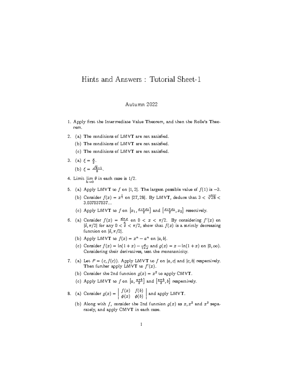Hints and Answers of Tut 1 - Hints and Answers : Tutorial Sheet- Autumn 2022 Apply first the ...