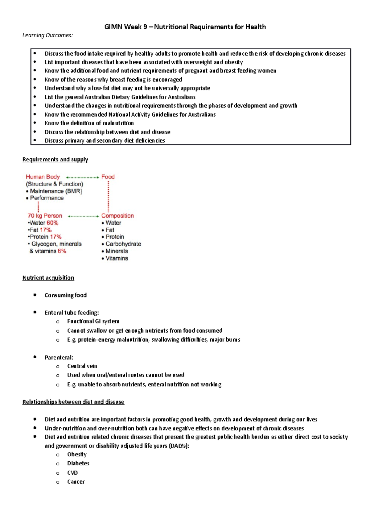 GIMN Week 9 Summary - Learning Outcomes: GIMN Week 9 Nutritional ...