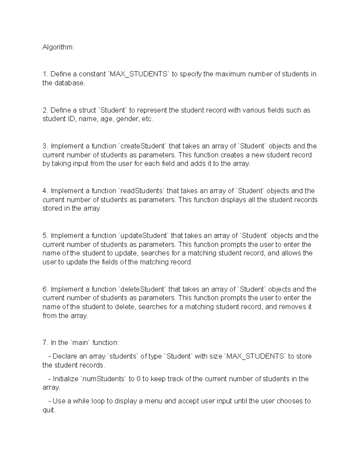 Algorithm - n/a - Algorithm: Define a constant MAX_STUDENTS to specify ...