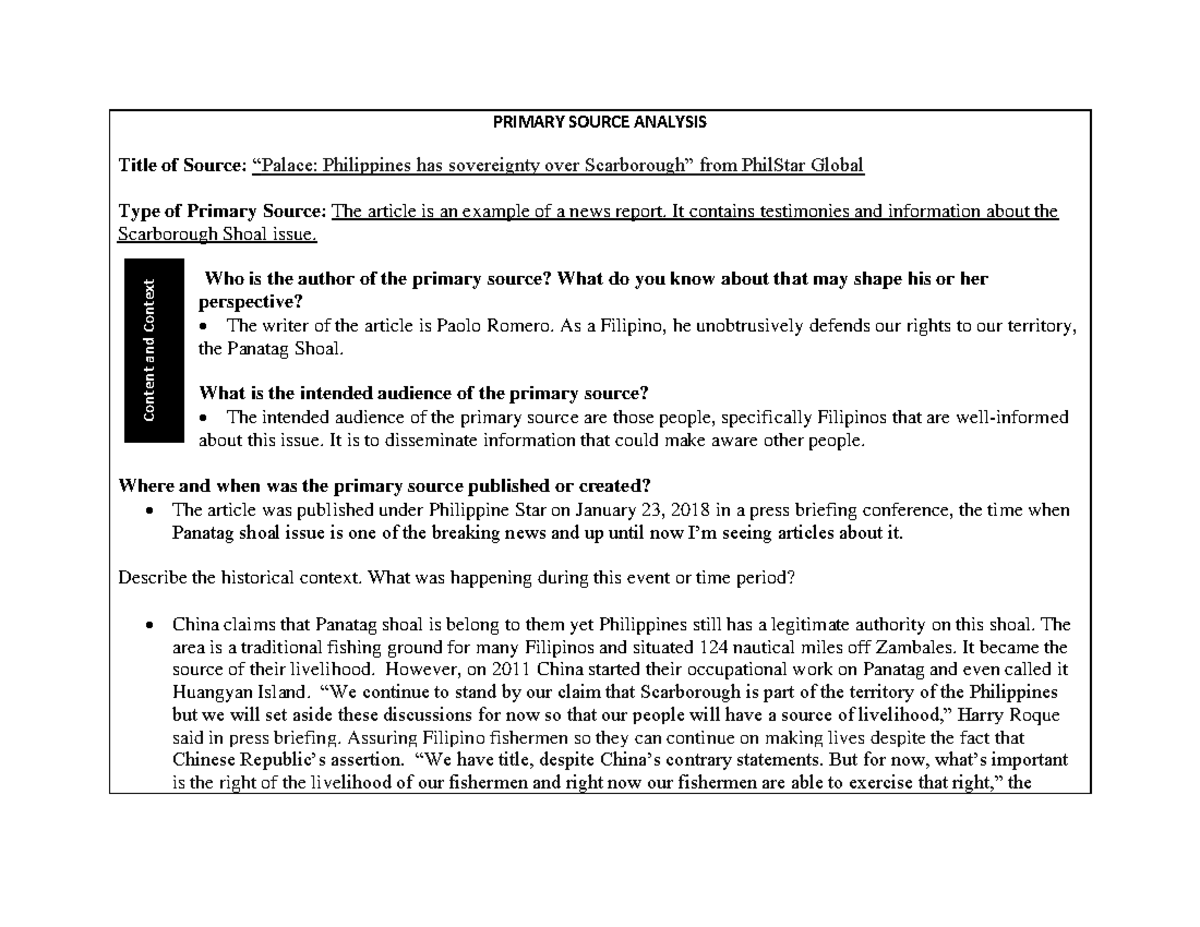 Primary Source Analysis - PRIMARY SOURCE ANALYSIS Title of Source ...