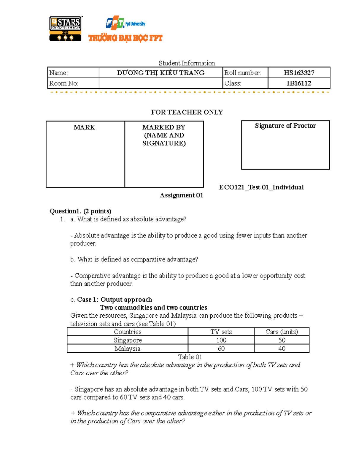 ECO121 Test 01 Individual Assignment 01 - Student Information Name ...