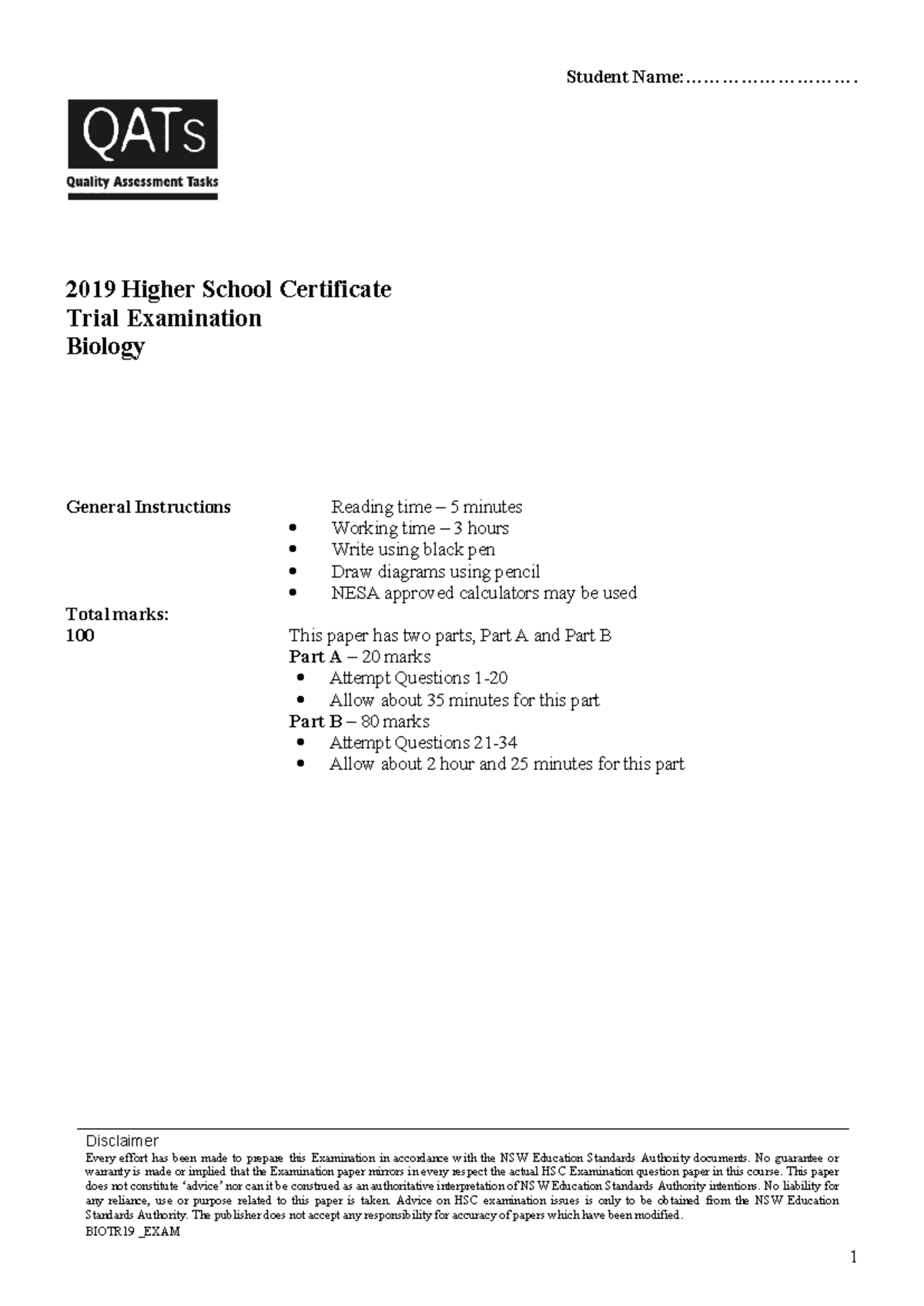 QAT 2019 Trial Biology EXAM - Student Name ...