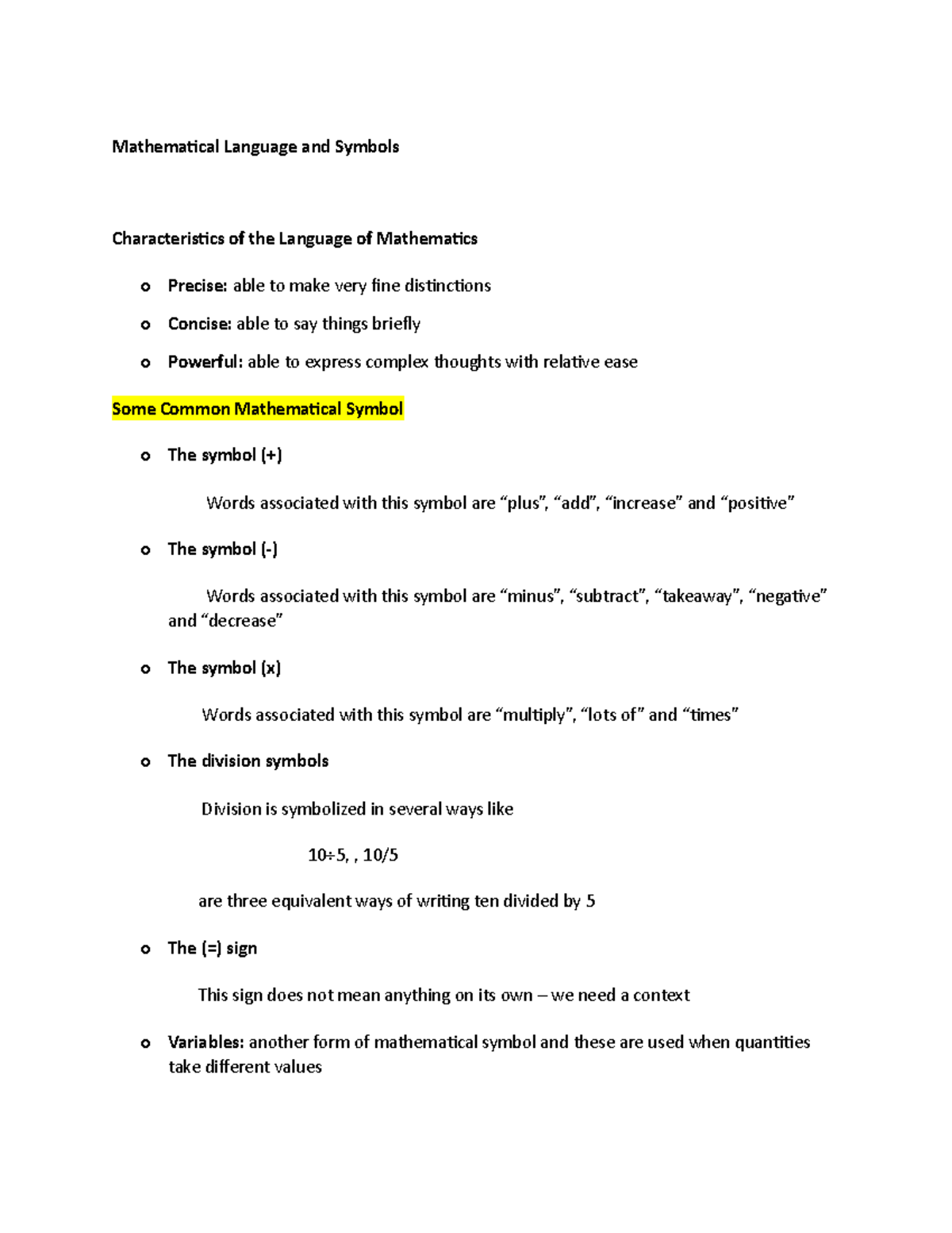 Mathematics in the Modern World - Mathematical Language and Symbols ...