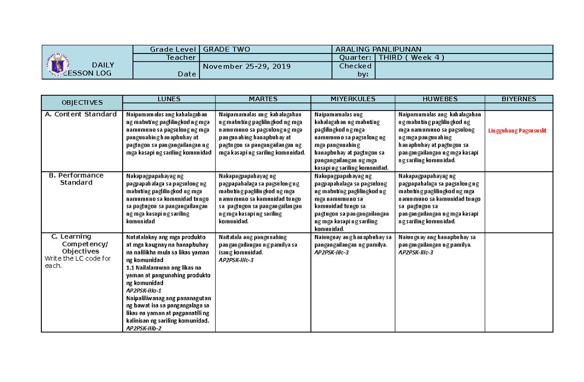 AP 2 Q3 Week 5 DLL - dlp - DAILY LESSON LOG Grade Level GRADE TWO ARALING PANLIPUNAN Teacher ...