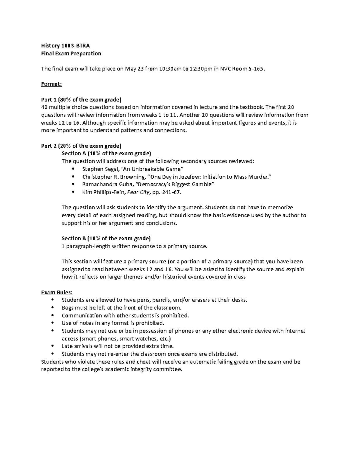 Final exam information - History 1003-BTRA Final Exam Preparation The ...