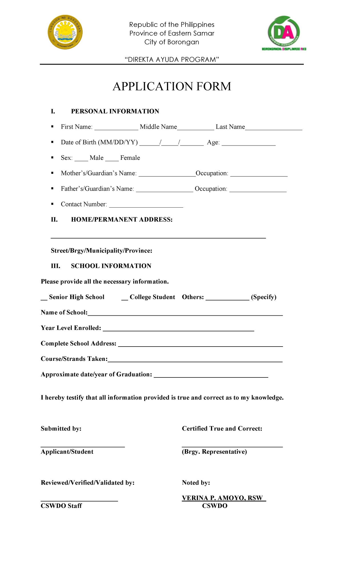 Direk Ayuda Form - Form - Republic of the Philippines Province of ...