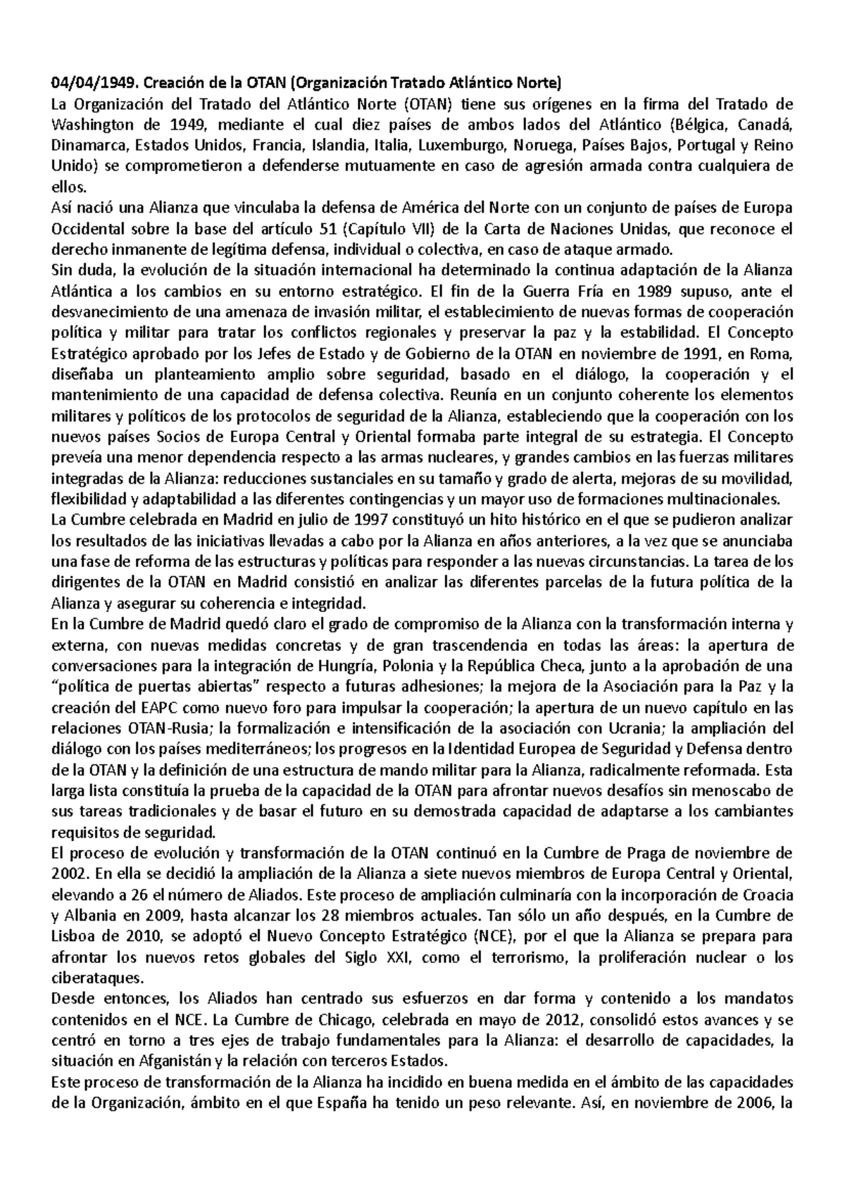 Creación OTAN - 04/04/1949. Creación de la OTAN (Organización Tratado ...